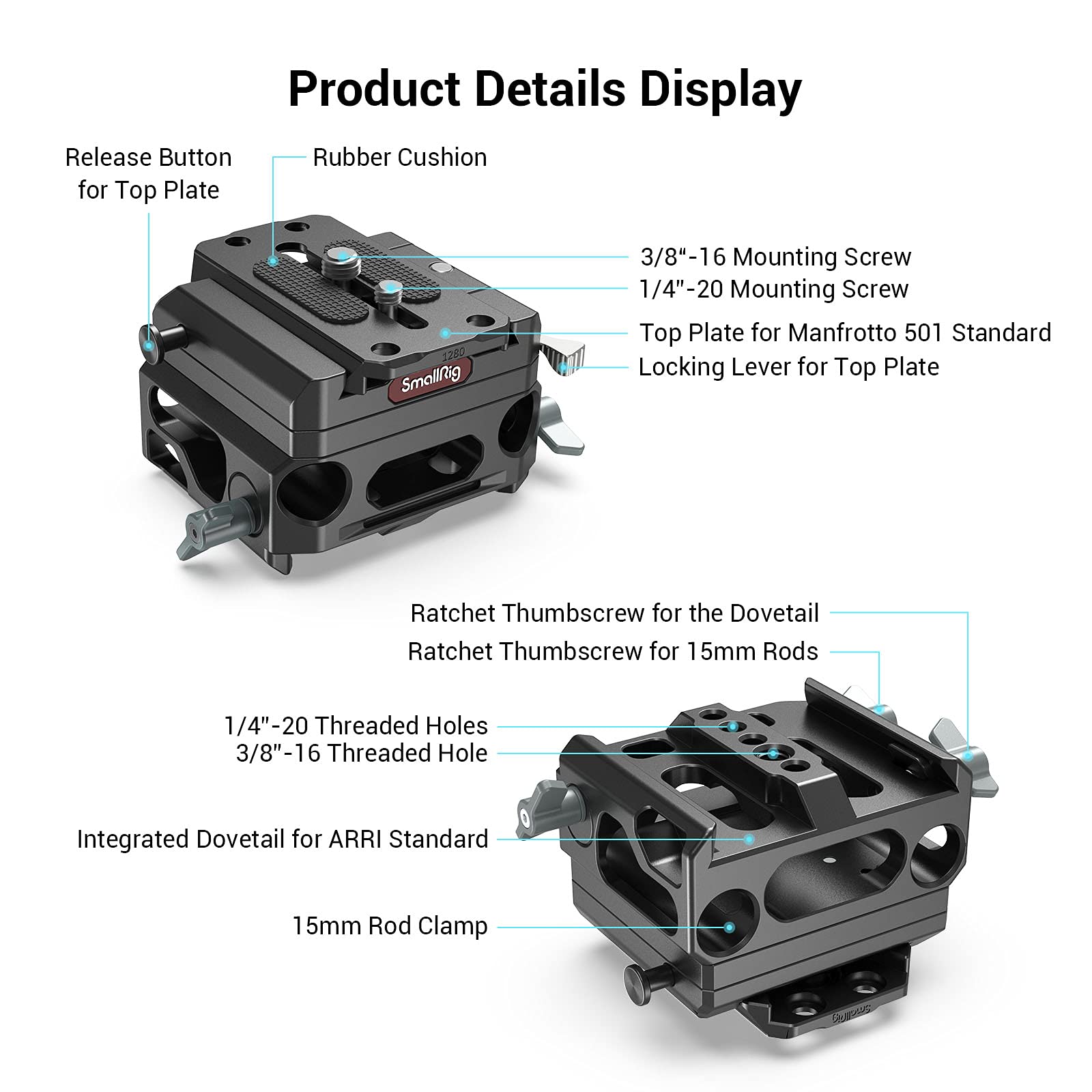 SmallRig Lightweight Base Plate Riser System with Dual 15mm Rod Clamp, Base Plate Magnesium Alloy Version, w/Plate for Manfrotto Style, 40% Lighter - 3067