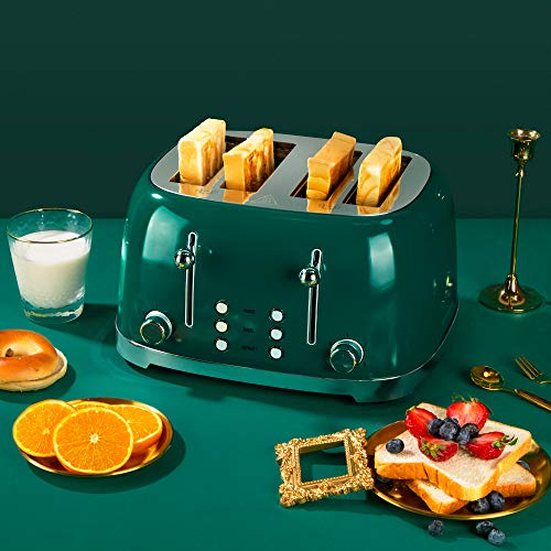 REDMOND 4 Slice Toaster Retro Stainless Steel Toasters with Bagel Defrost Cancel Function, 6 Browning Settings, Green, ST033