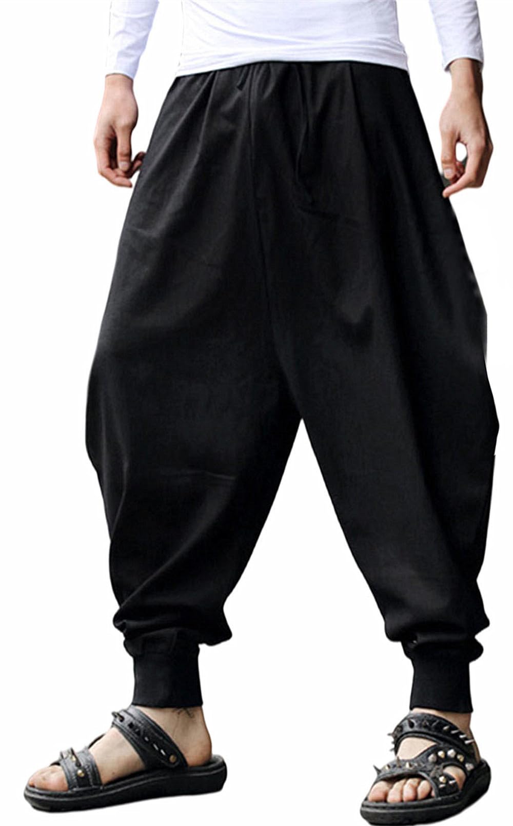 perdontoo Mens Harem Jogger Pants Loose Fit Elastic Waist Drawstring Aladdin Hippie Trousers (29, Black)