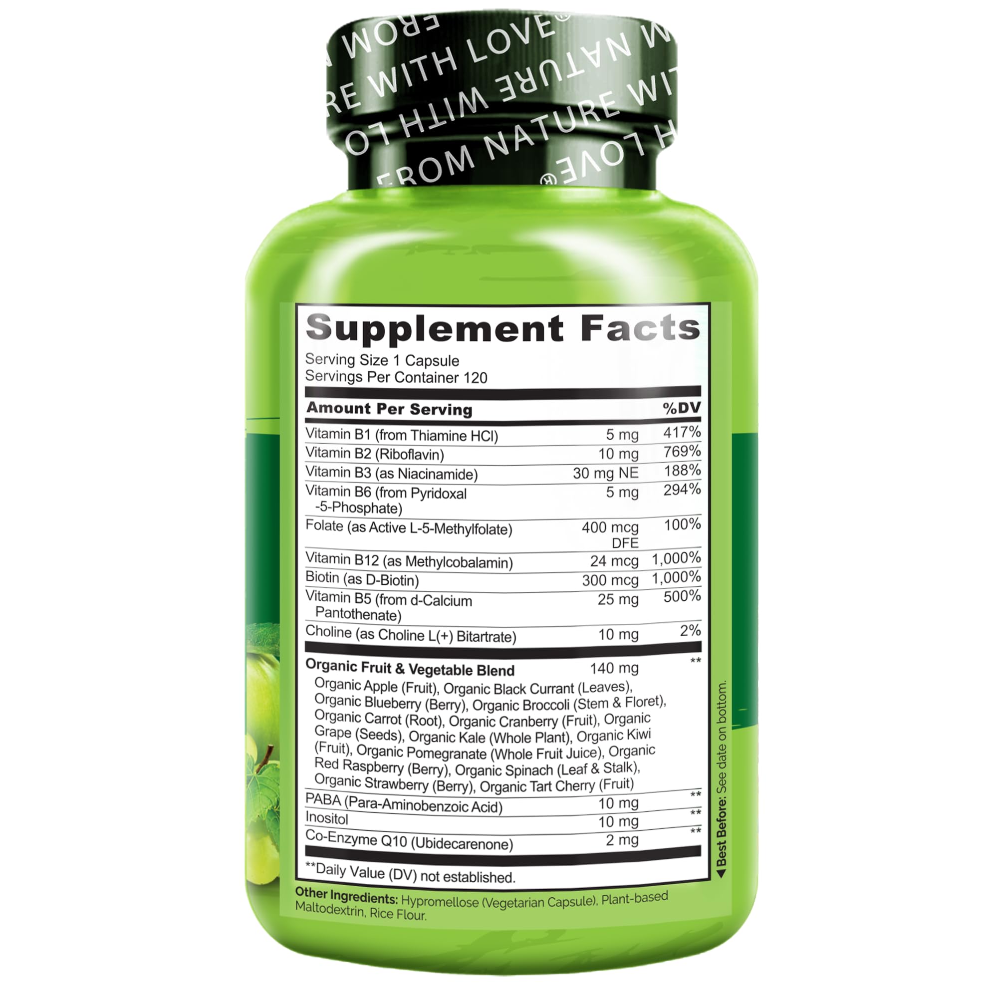 NATURELO Vitamin B Complex with Methyl B12, Methyl Folate, Vitamin B6, Biotin Plus Choline, CoQ10, and Fruit & Vegetable Blend - Supports Energy & Healthy Stress Response - Vegan - 120 Capsules