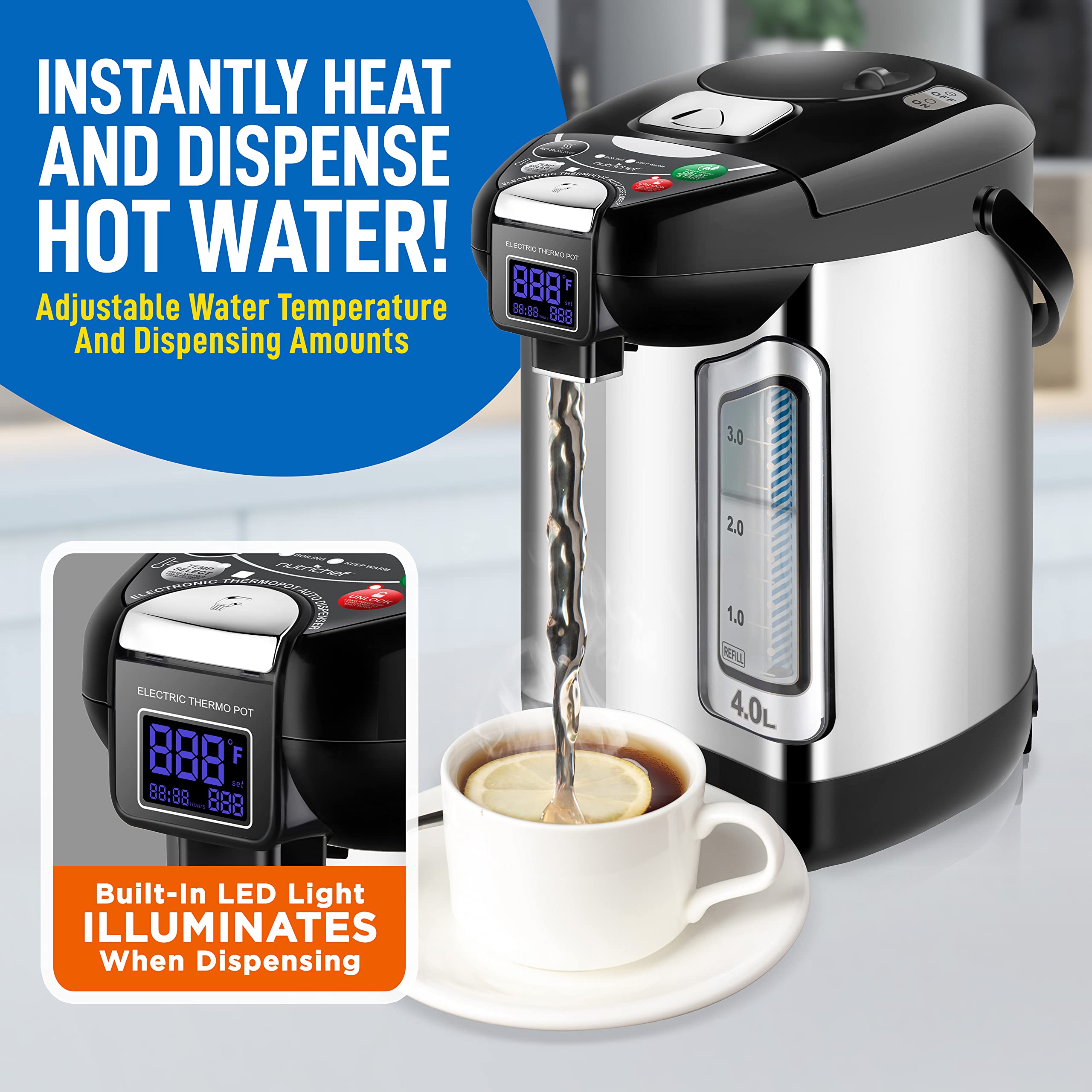 NutriChef Digital Water Boiler and Warmer - 3L/3.17 Qt Stainless Electric Hot Water Dispenser w/ LCD Display, Rotating Base, Keep Warm, Auto Shut Off, Safety Lock, Instant Heating for Coffee & Tea