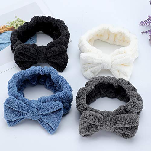 Senkary 4 Pack Bow Makeup Headband Microfiber Spa Headbands Towel Headband Soft Puffy Washing Face Headband for Women Girls Shower Bath Skincare (White, Blue, Black, Dark Grey)