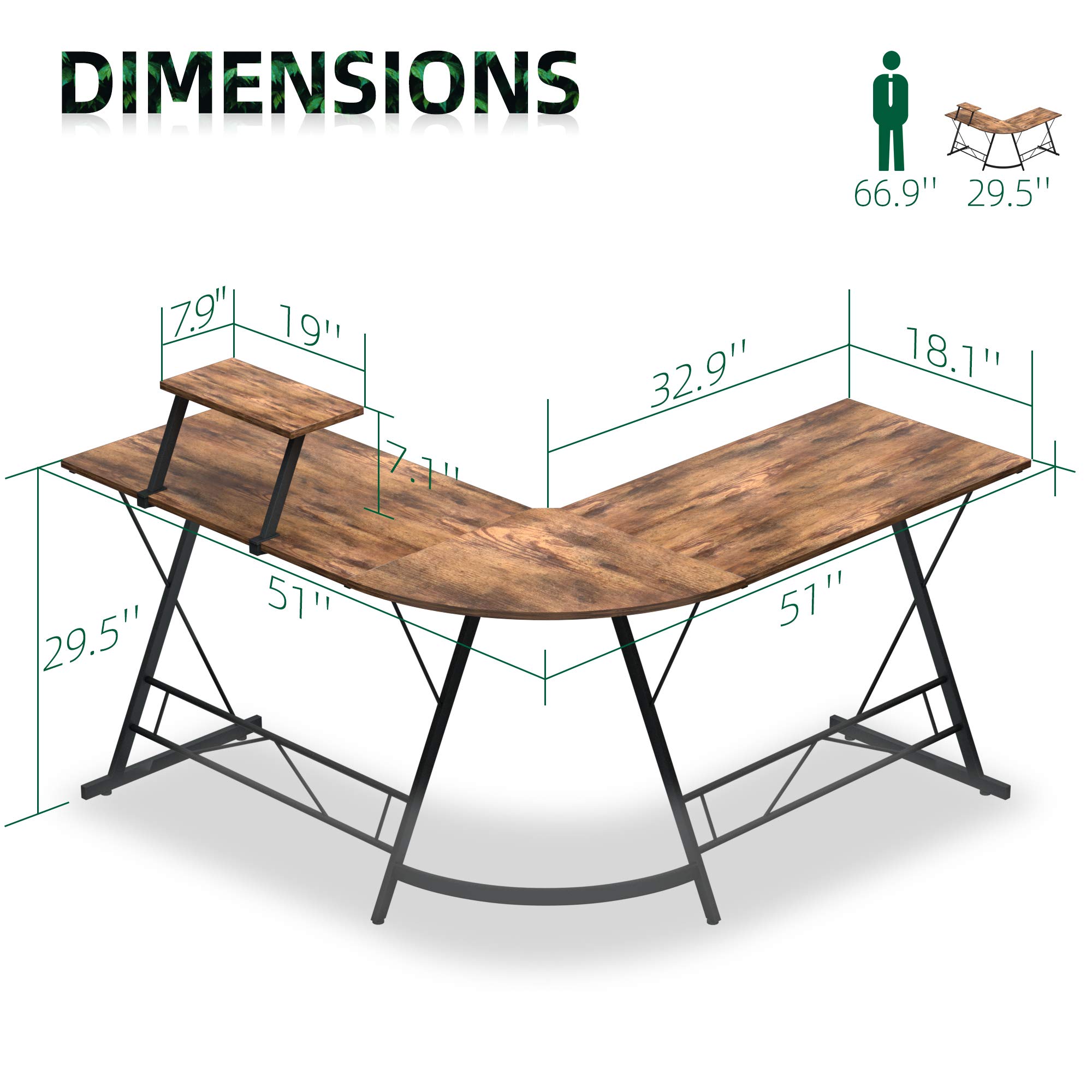 OTK L Shaped Desk with Round Corner, 51" L Shaped Gaming Desk, Corner Computer Desk Table with Large Monitor Stand for Home Office, Sturdy Writing Workstation, Relic
