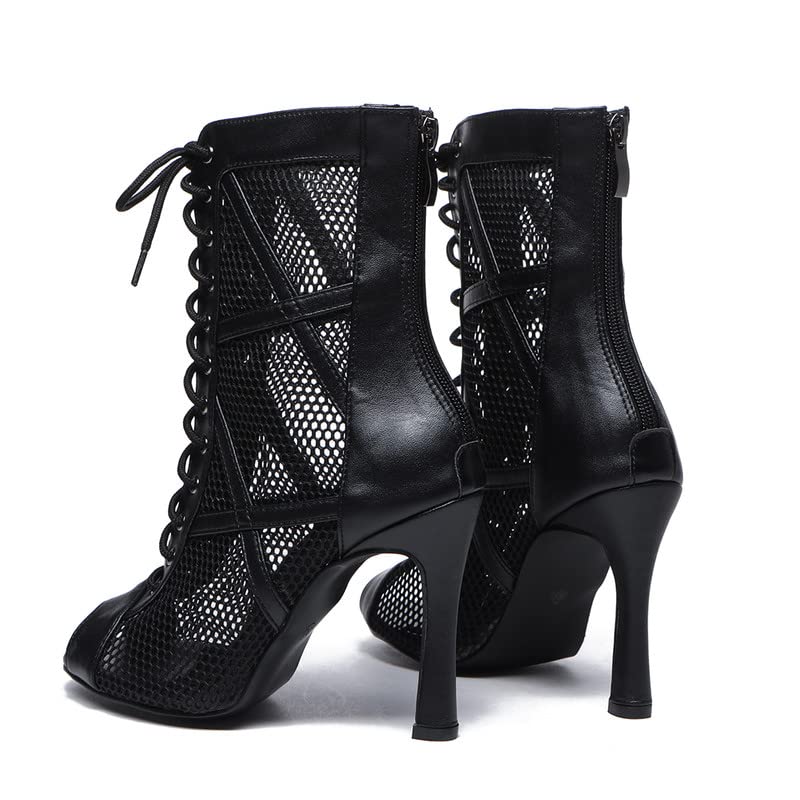 RUYBOZRY Womens Latin Ballroom Dance Boots Salsa Open Toe Lace Up Mesh Booties Performance Tango Bachata Practice Dancing Shoes 545-Black-6,US 6.5