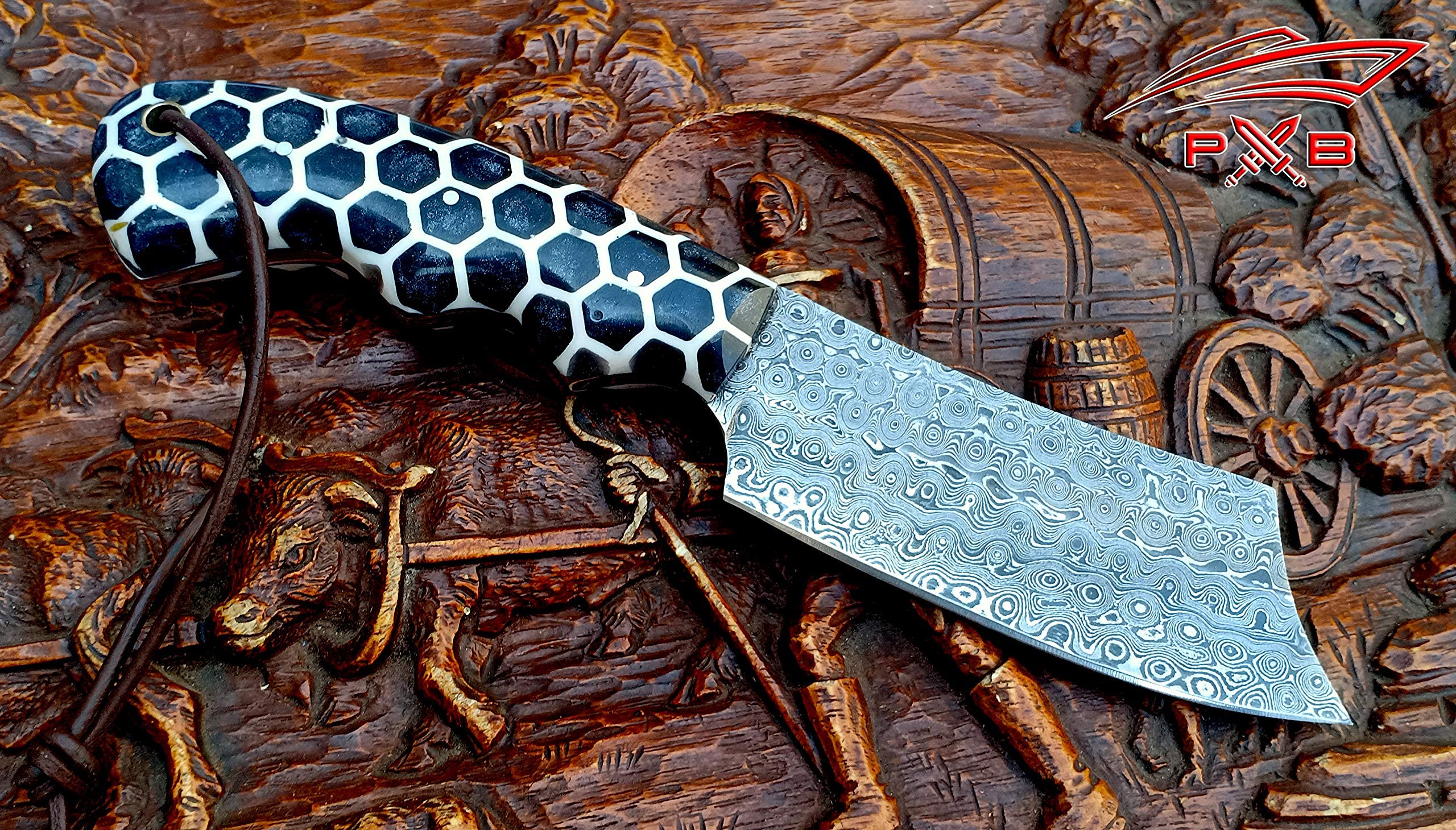 Phillyblades Handmade Damascus Steel Hunting Knife with Sheath | 9'โ Survival Fixed Blade with Honeycomb Resin Handle | EDC Belt Knife for Men | Bear Hunter