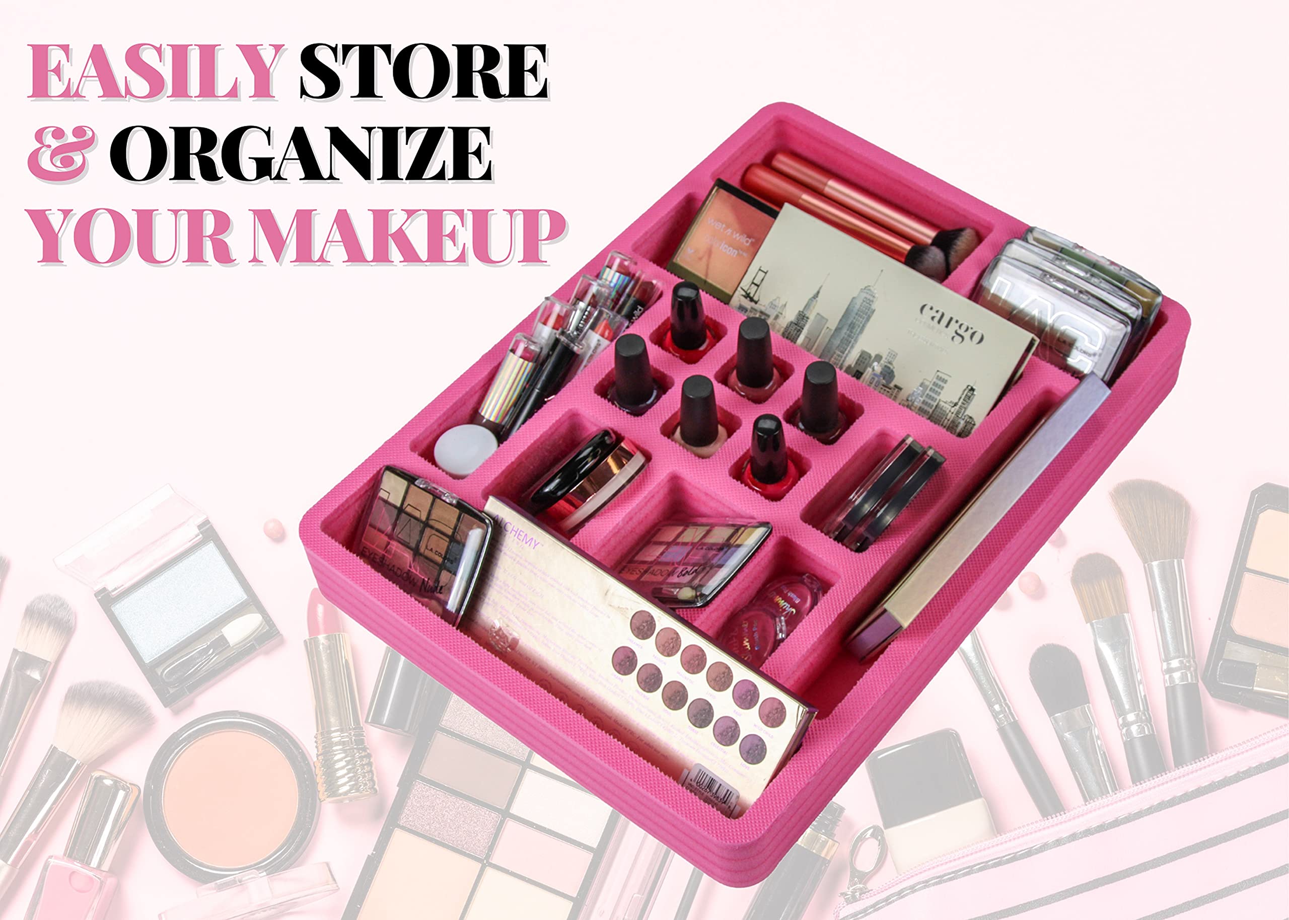 Polar Whale 2 Makeup Pink Drawer Organizers Tray Washable Waterproof Durable Foam Insert for Home Bathroom Bedroom Office 12.9 x 17.9 Inches 16 Compartments for Lipstick Eyeliner Cosmetics and More