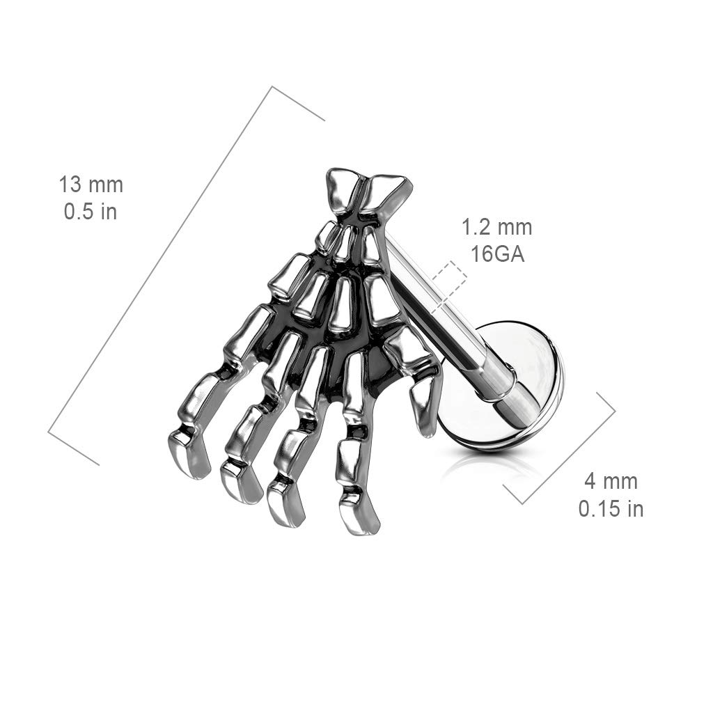 Pierced Owl 16GA 316L Stainless Steel Skeleton Hand Labret Monroe Cartilage Ear Stud (1/4" (6mm) Length)