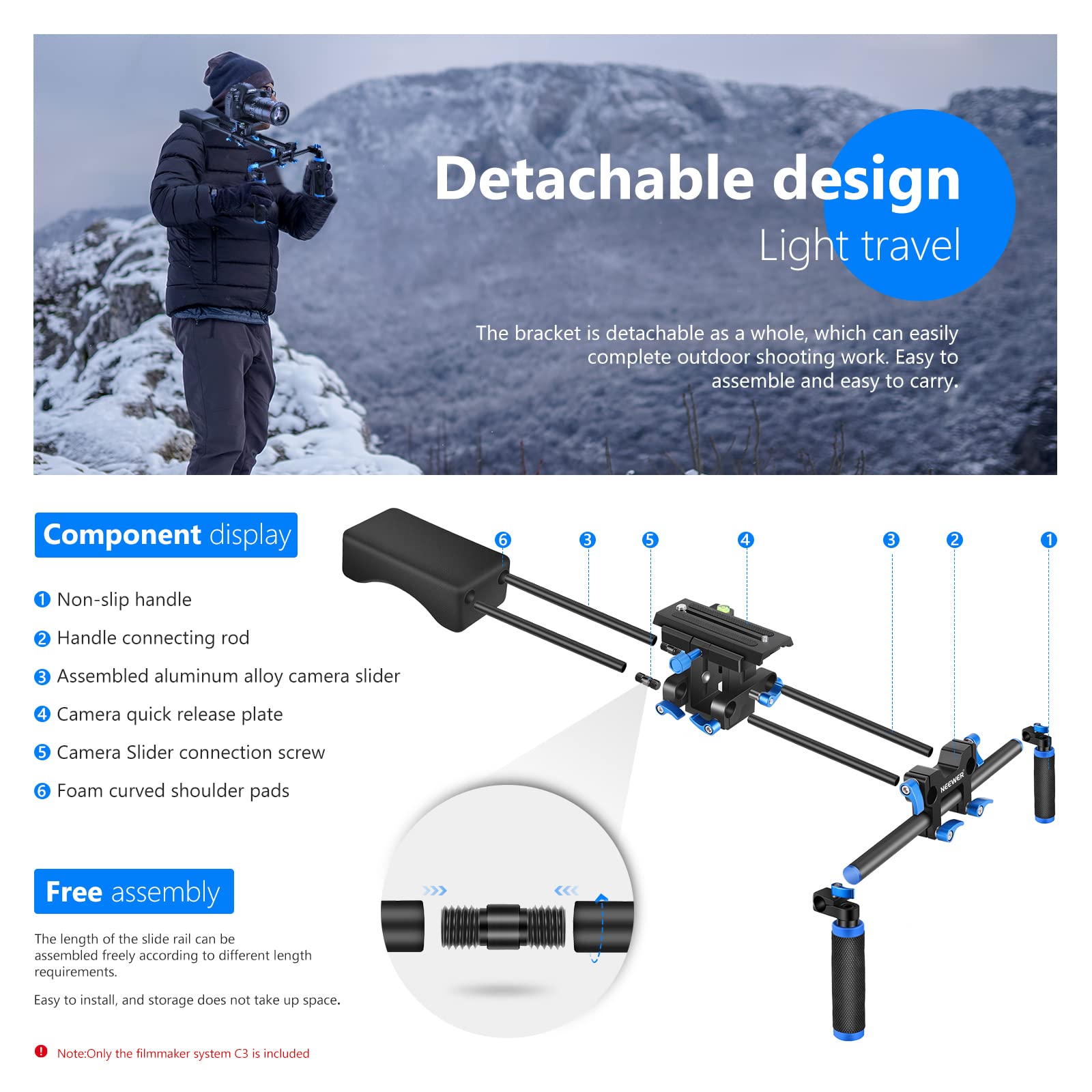 NEEWER Camera Shoulder Rig, Video Film Making System Kit for DSLR Camera and Camcorder with Soft Rubber Shoulder Pad and Dual Hand Grips, Compatible with Canon/Nikon/Sony, etc (Blue + Black)