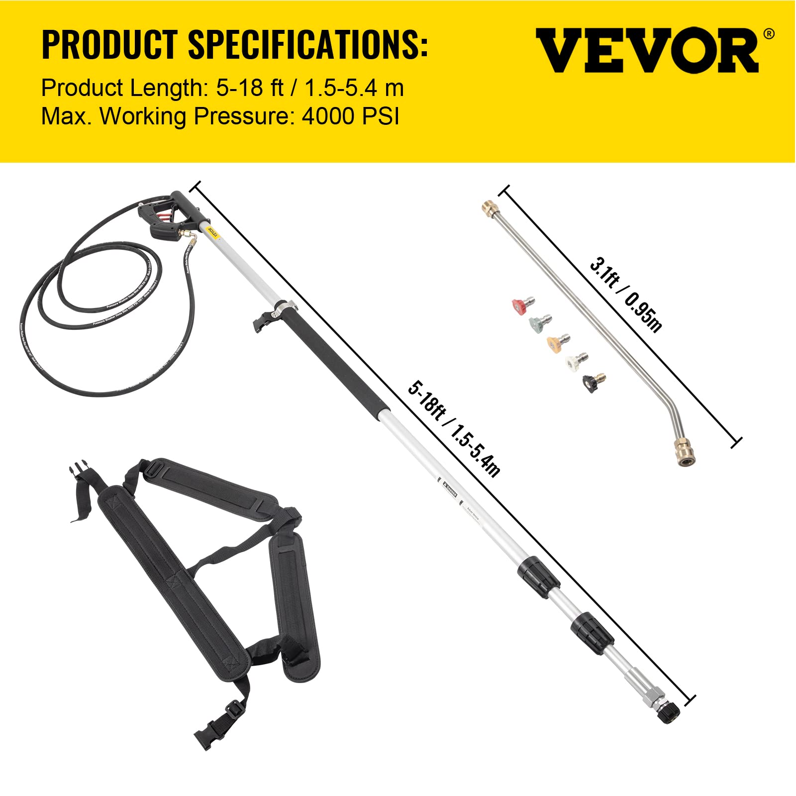 VEVOR Telescoping Pressure Washer Wand, 18ft Length Adjustable Power Washer Extension Wand, 4000PSI 9GPM Power Cleaning Tools w/Strap Belt, 5 Nozzle Tips, 3/8'' & 1/4'' Quick Connectors, Silver/Black