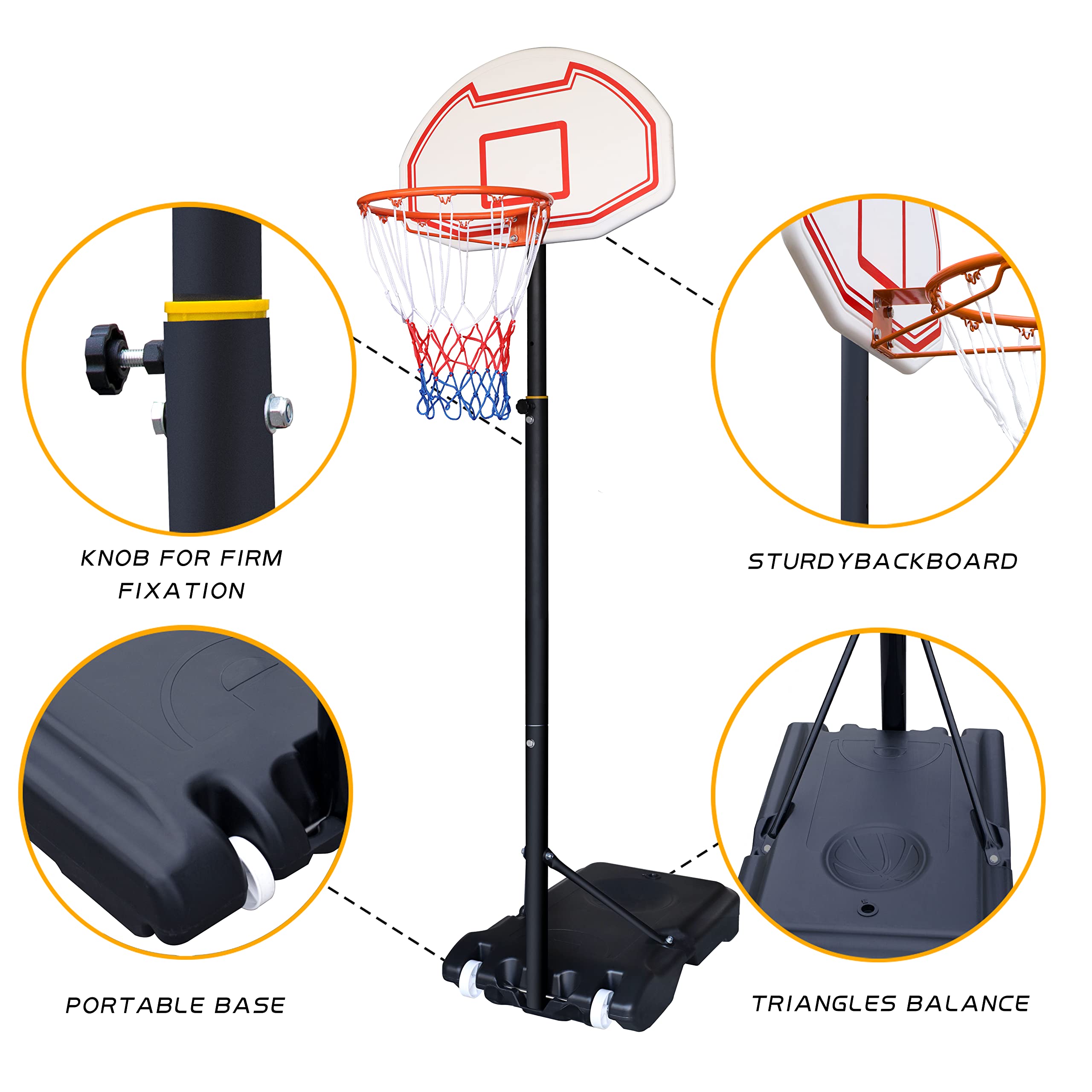 Touch Fish Products Youth Height-Adjustable Basketball Hoop,Portable Basketball Goal Outdoor,High Adjustable from4.9to6.9 FT,3.74 SF Backboard,Nylon Net - Multicolor