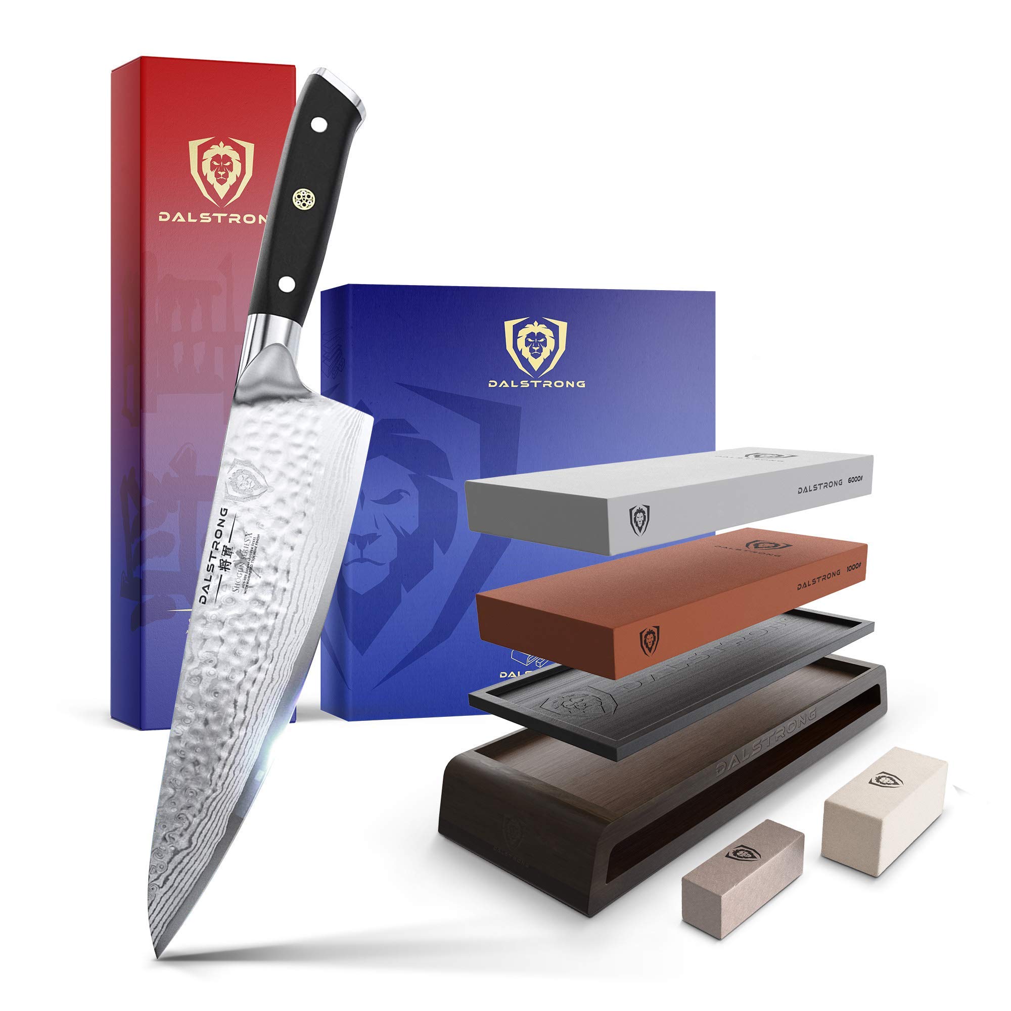 The Shogun Series X 8" Chef Hammered Chef Knife Bundled with The Dalstrong Premium Whetstone Kit
