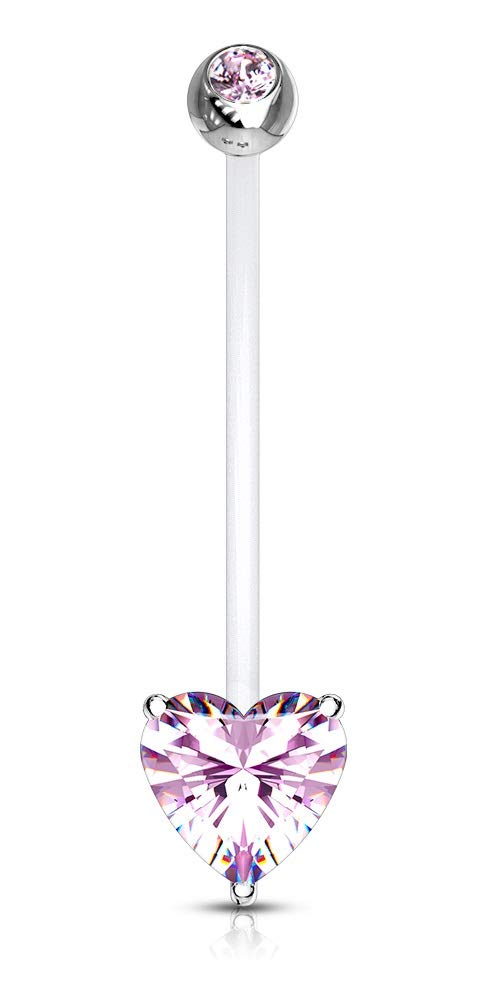 Pierced Owl Double Jeweled Prong Set Heart Crystal Pregnancy Maternity Belly Button Ring Retainer (Pink)