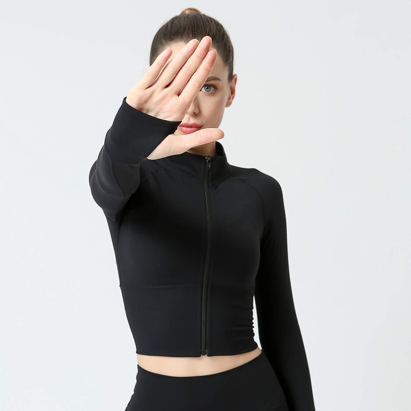 SEAUR Casual Basic Gym Jackets Coat for Women Jogging Turtleneck Stretch Crop Top with Thumb Holes Sun Protection Fitness Training Exercise Outerwear Activewear Black