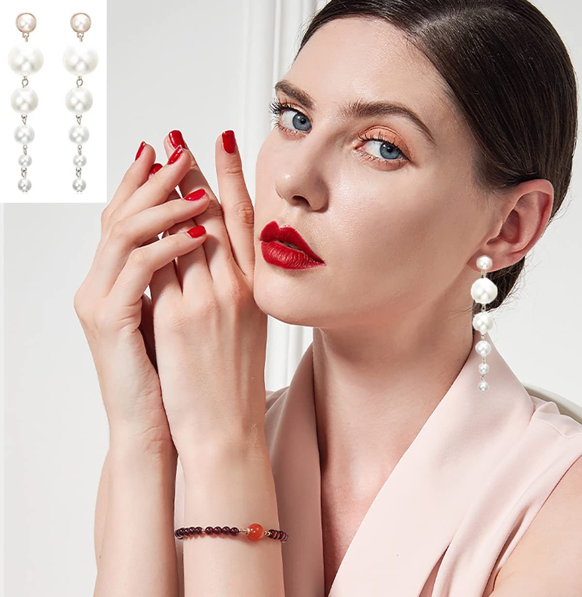 Svovin 9 Pairs Big Simulated Pearl Long Tassel Drop Earrings for Women Double Sided Front Back Pearl Earrings Cross Imitation Pearl Dangle Earring Set