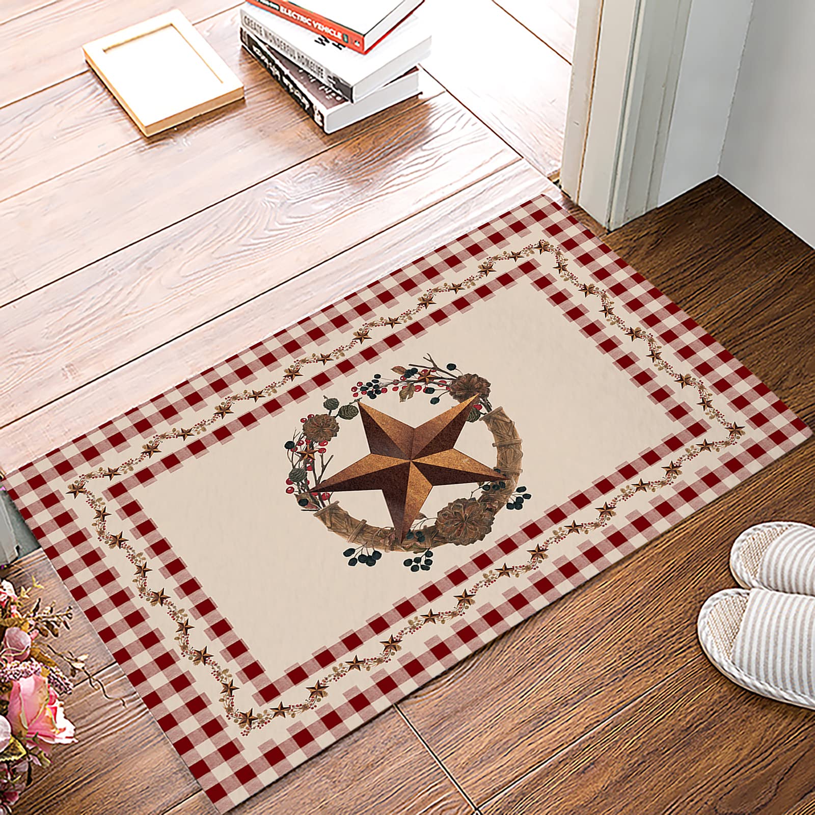 Rustic Western Texas Star on Red Buffalo Check Plaids Vintage Farmhouse Country, Bathroom Shower Mat Doormat Non Slip,Floor Rug Absorbent Carpets Floor Mat Home Decor for Kitchen Bedroom Rug,16"X 24"