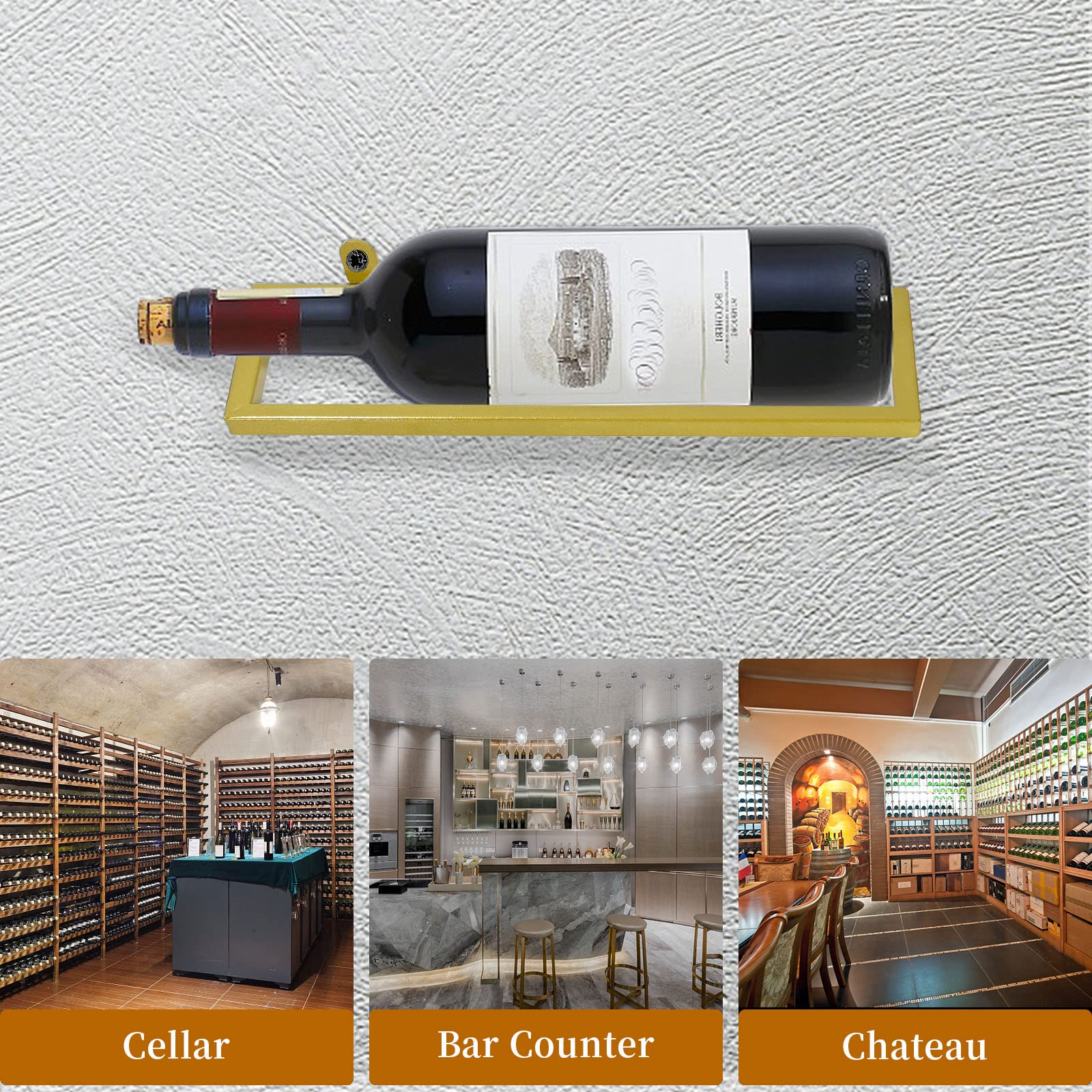 UOIENRT [6 Pack] Wine Rack Wall Mounted, Gold Rectangular Wine Rack Wine Bottle Holder Display Rust-Proof, Red Wine Shelf Perfect for Kitchen Bar Restaurants Cabinets Basements Wine Cellars