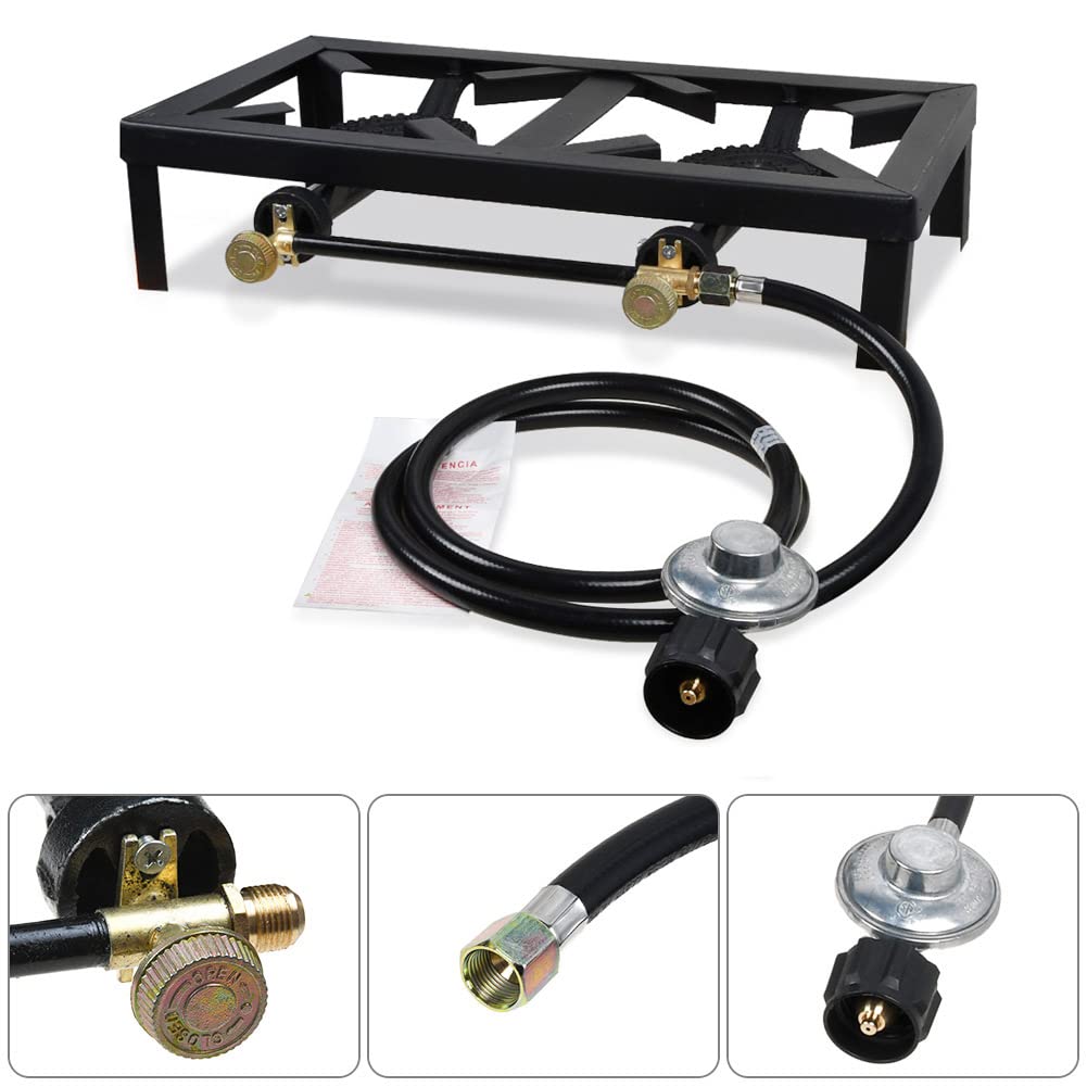 Outdoor Propane Gas Burner, Double Burners Cast Iron Stove with 1.5m Propane Regulator Hose, Patio Yard Camping BBQ Cooking