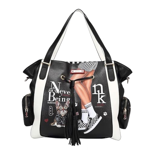 Nicole Lee Nikky Never Be Shy Shoulder Bag, Drawstring Closure Vegan Leather Bag with Multiple Pockets, Kitty Cat Fashion Print