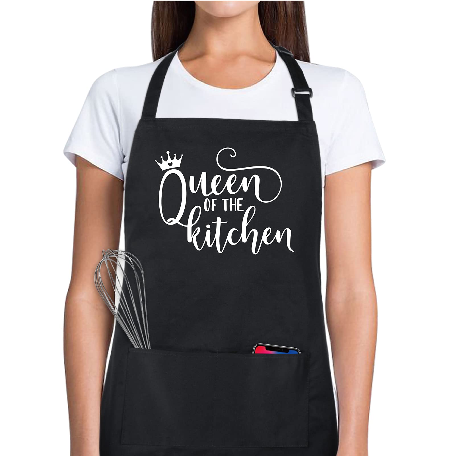 Xornis 100% Cotton Funny Aprons for Women Queen of The Kitchen with 2 Pockets Chef Cooking Baking Adjustable Bib Apron Gifts from Daughter Son Husband for Mom Grandma Wife Mother's Day