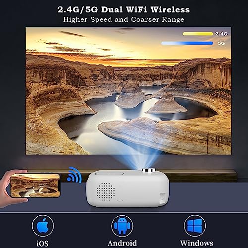 Projector with 5G WiFi and Bluetooth, FunFlix Portable Projector 18000 lumens Native 1080P Full HD, Mini Movie Projector Compatible with Smartphone, HDMI, USB, AV for Home Theater Projector, White