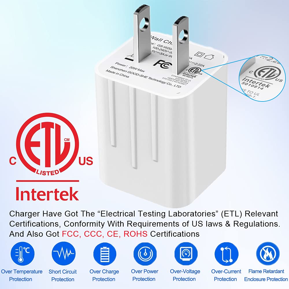 Phone Charger Fast Charging 20W PD Type C Adapter Wall Charger with 6FT USB-C to Lighting Data Cable, Suitable for Phone 14 13 12 11 Plus Pro Max Mini Xs Xr X and Pad