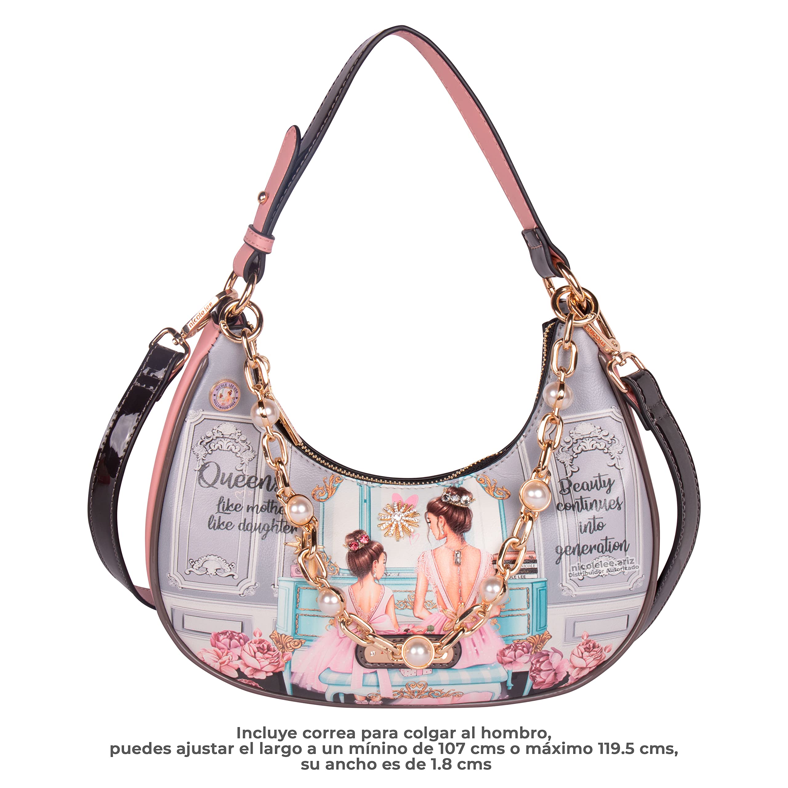 Nicole Lee Pearl Chain Link Embellished Shoulder Bag, Fashion Print Small Handbag, Removable Crossbody (Double Queens)