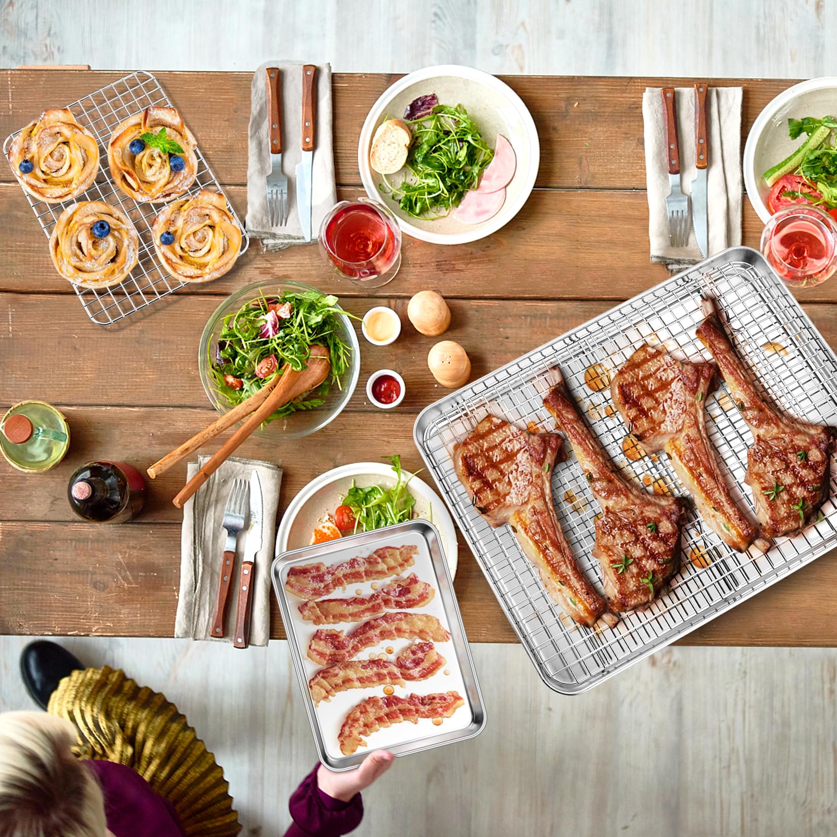 P&P CHEF Baking Sheet and Rack Set, 4 PACK (2 Sheets + 2 Racks), 2 Sizes Stainless Steel Baking Pans Cookie Sheets with Cooling Racks for Cooking & Roasting, Oven & Dishwasher Safe, Non-toxic
