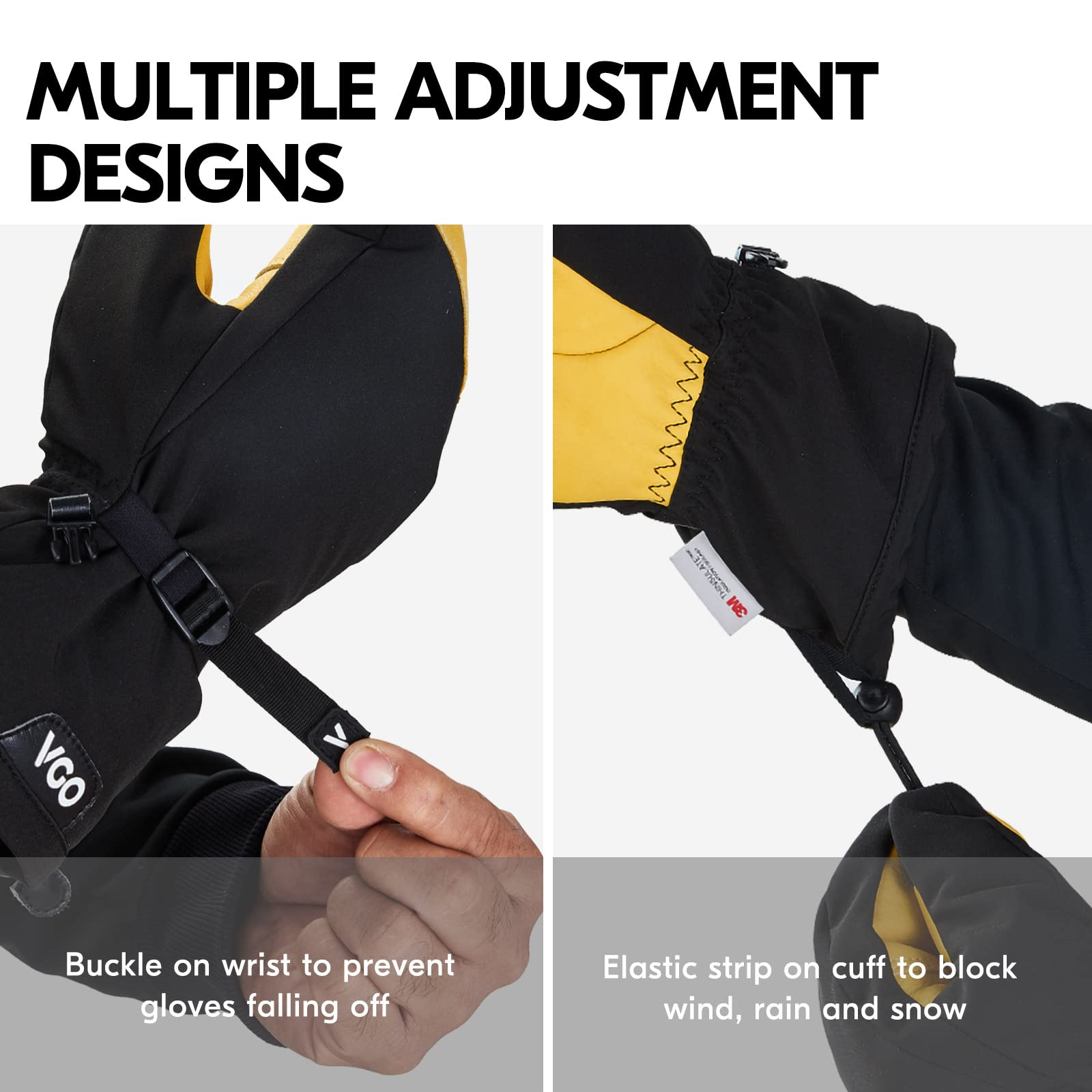 Vgo... 1Pair -30℃/-22°F or Above Cow Leather Warm Ski Gloves,Winter Snow Gloves,3M Thinsulate Waterproof Gloves(Size M,Black,CA2472FLWP)