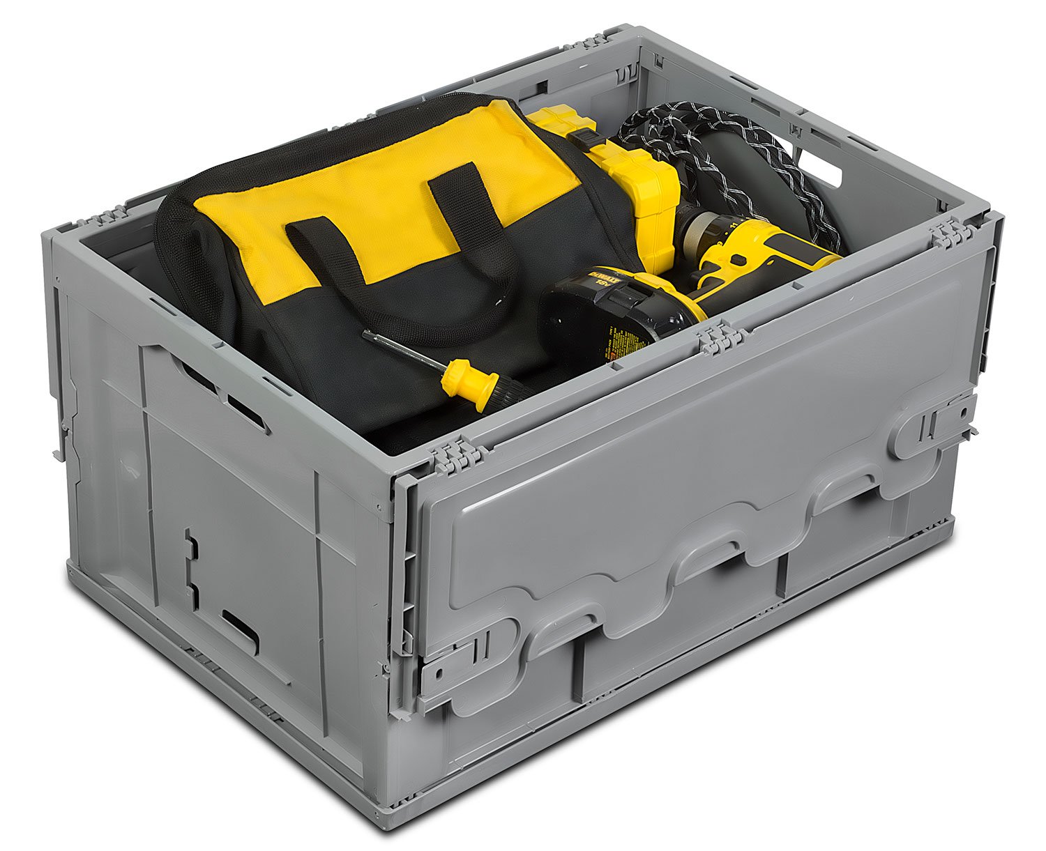 Mount-It! Collapsible Plastic Storage Crate, Folding and Stackable Utility Distribution Container with Attached Lid, 65L Liter Capacity, Pack of 1