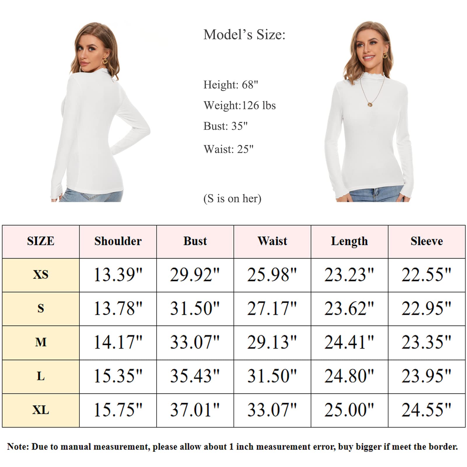 Turtleneck Women Long Sleeve Mock Necks Tops Ruffles Soft Thermal Underwear Spring Fashion 2023, White Large