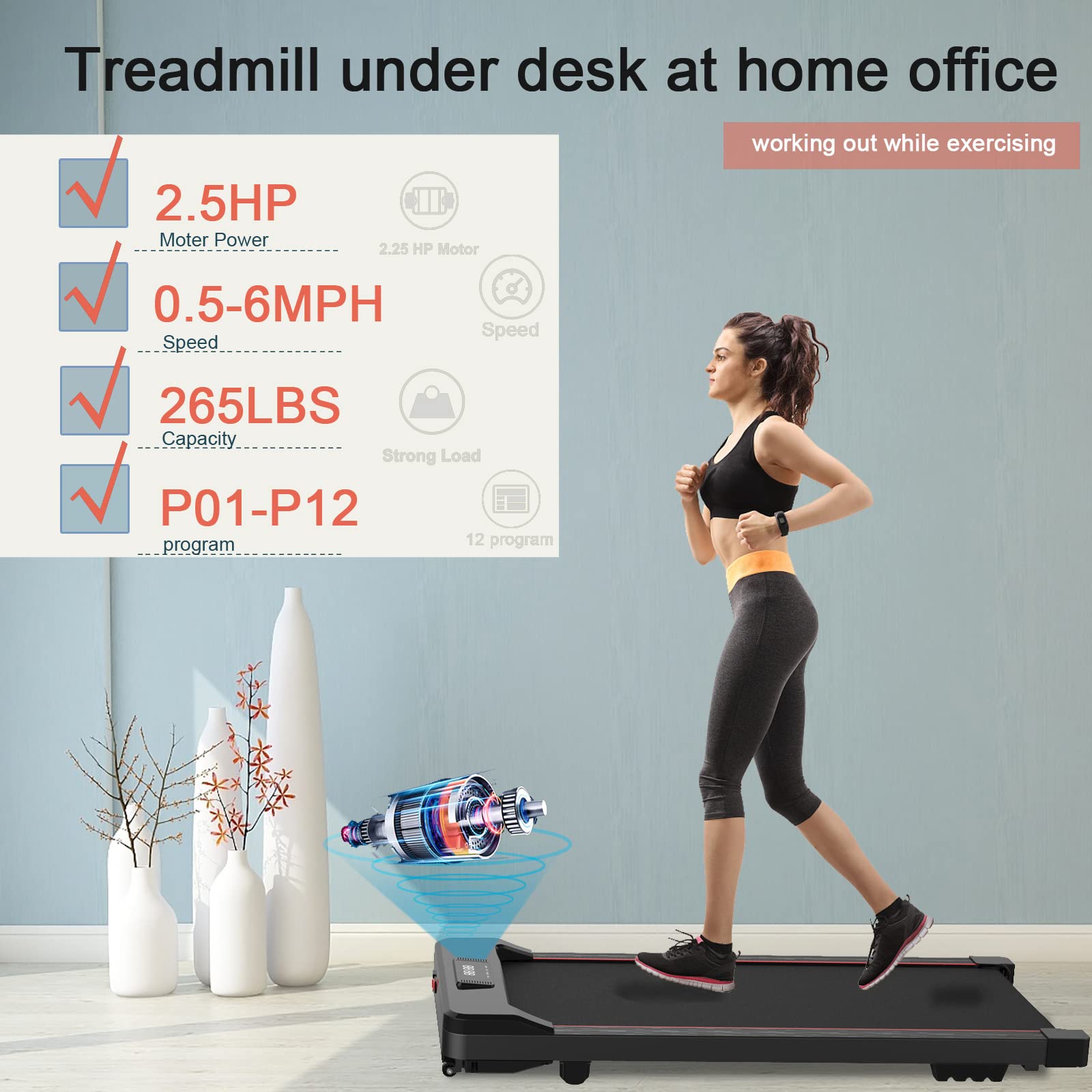 Under Desk Treadmill,OBENSKY Portable Mini Walking pad for Home,Quiet Flat Slim, Jogging Running Treadmill,Easy Assembly&Space Saving for Family/Office Use, Black, (BK886005)