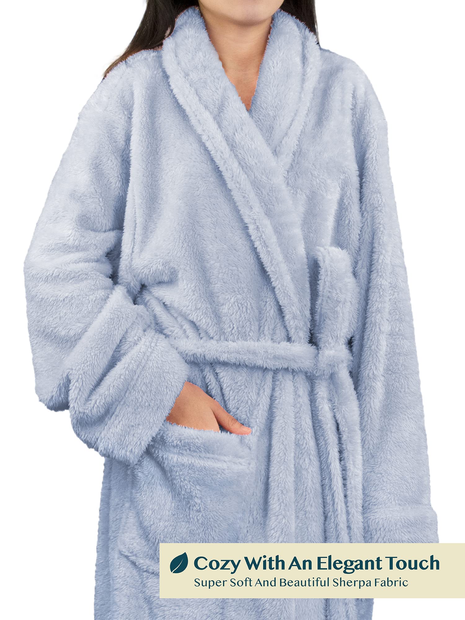 PAVILIA Premium Womens Plush Soft Robe Fluffy, Warm, Fleece Sherpa Shaggy Bathrobe (S/M, Light Blue)