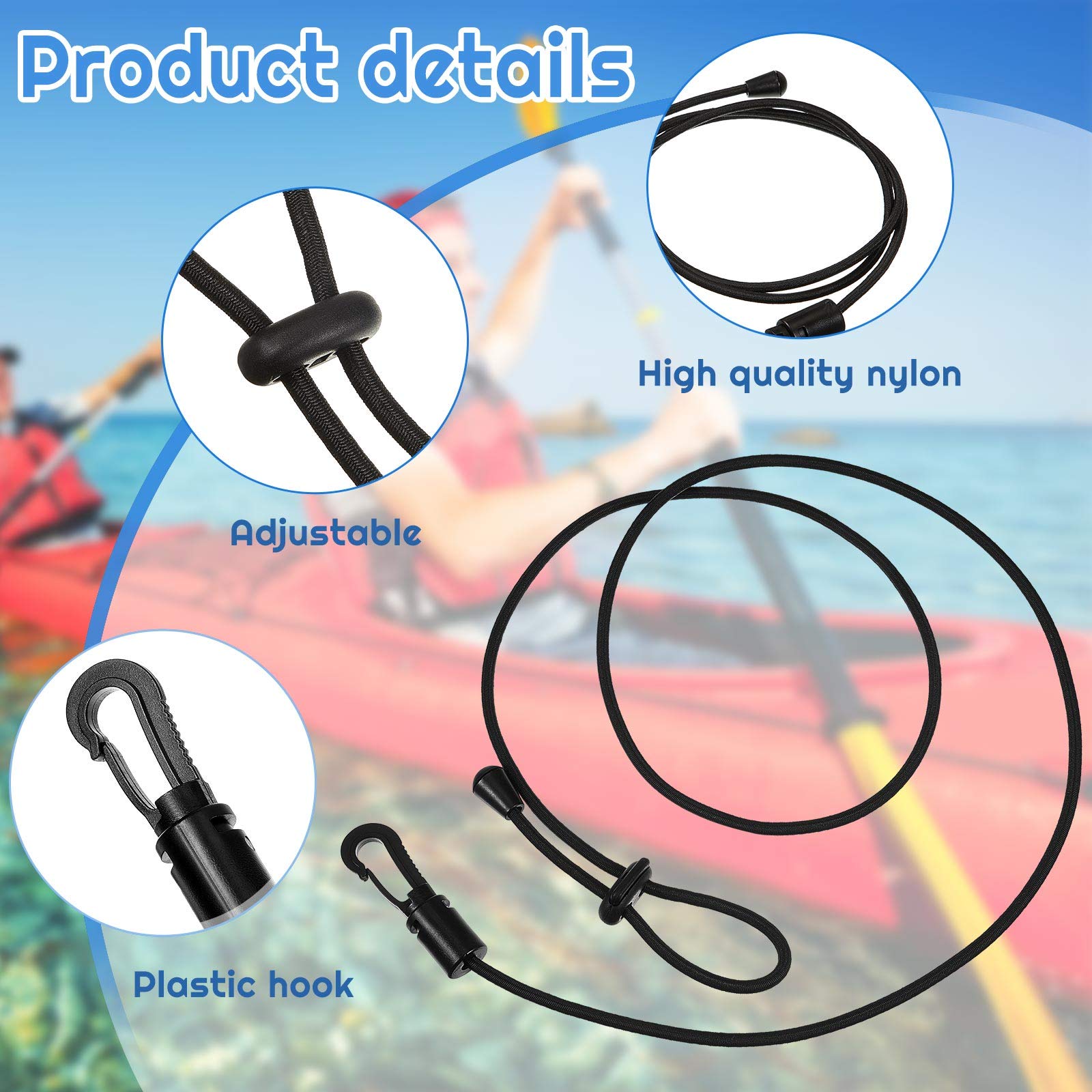 Sumind 4 Pieces Kayak Paddle Leash Adjustable Kayak Rod Leash Durable Nylon Fishing Paddle Leash with Clasp (Black)