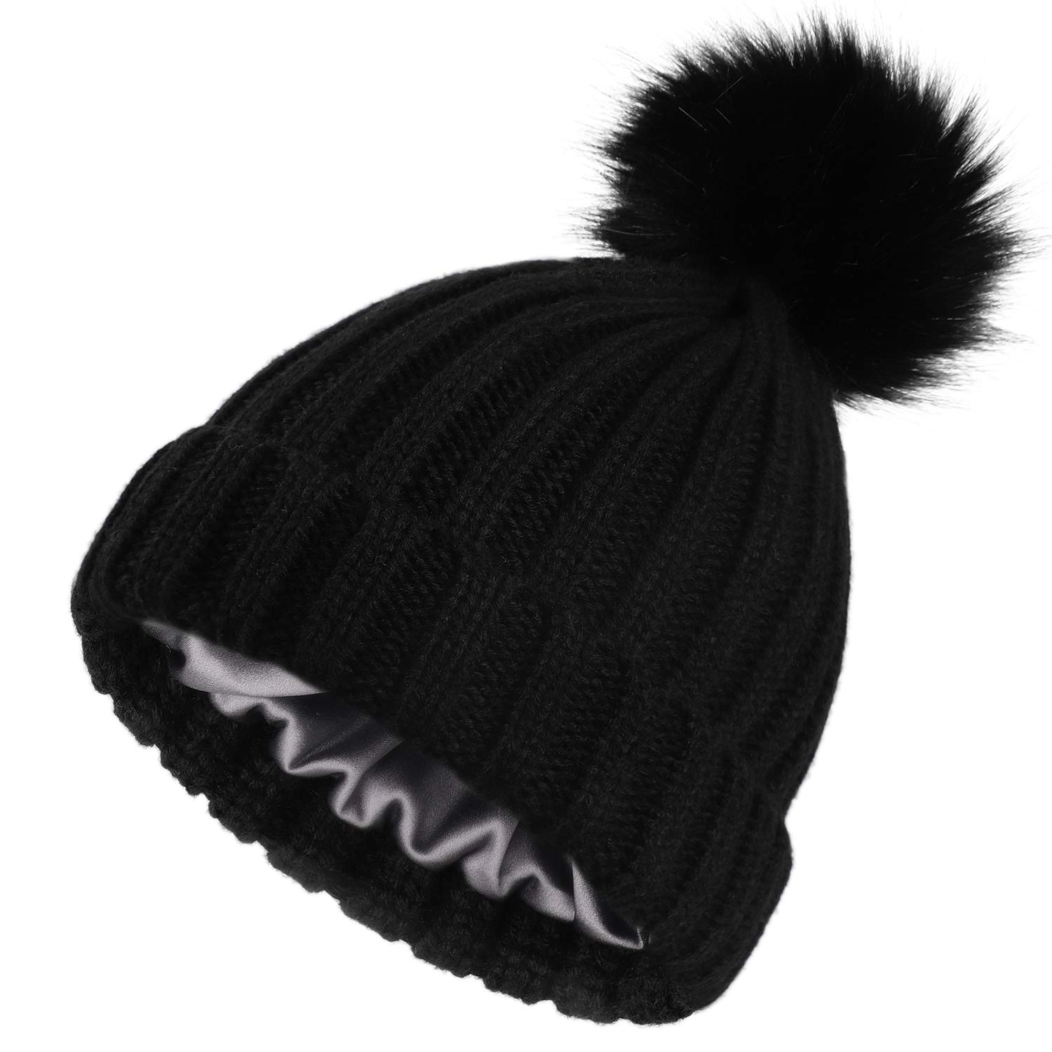 SHINCHIC Womens Winter Satin Lined Beanie Hat Cuffed Faux Fur Pom Hat Knitted Warm Soft Skull Cap Black