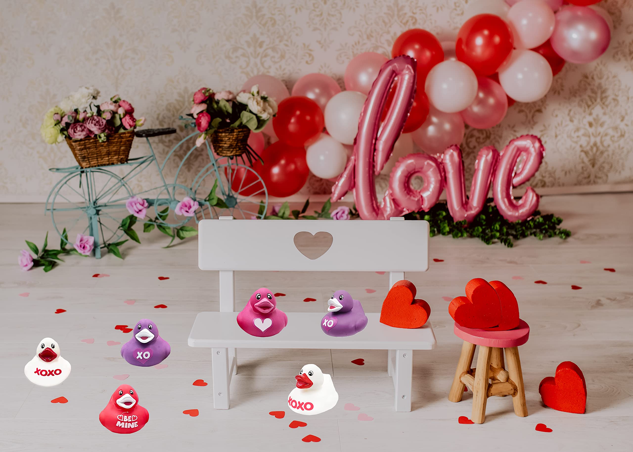 Valentine's Day Rubber Duck Toy Duckies for Kids, Four Solid Colors with Salutations, Bath Birthday Gifts Baby Showers Classroom Summer Beach and Pool Activity, 2" (6 Pack)
