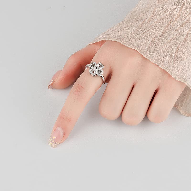 YJZON Anxiety Ring for Women,925 Sterling Silver Adjustable Ring,Fidget Rings Four-leaf Clover Spinner Ring with Jewelry Gift Box