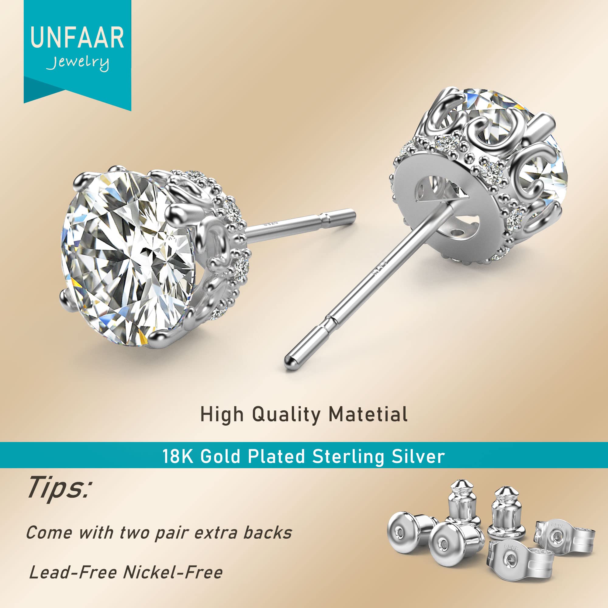 UNFAAR 18K White Gold Plated Sterling Silver Brilliant Round Cut Cubic Zirconia Stud Earrings Simulated Diamond Stud Earrings for Women Men Hypoallergenic (White Gold)