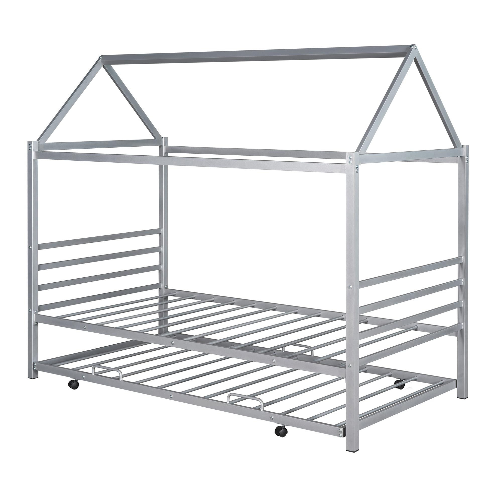 POCIYIHOME Twin Size Metal House Shape Platform Bed with Trundle, Modern Sturdy Metal Bed Frame with Solid Metal Slats for Kids,Teens Bedroom, Space-Saving, No Box Spring Needed, Silver
