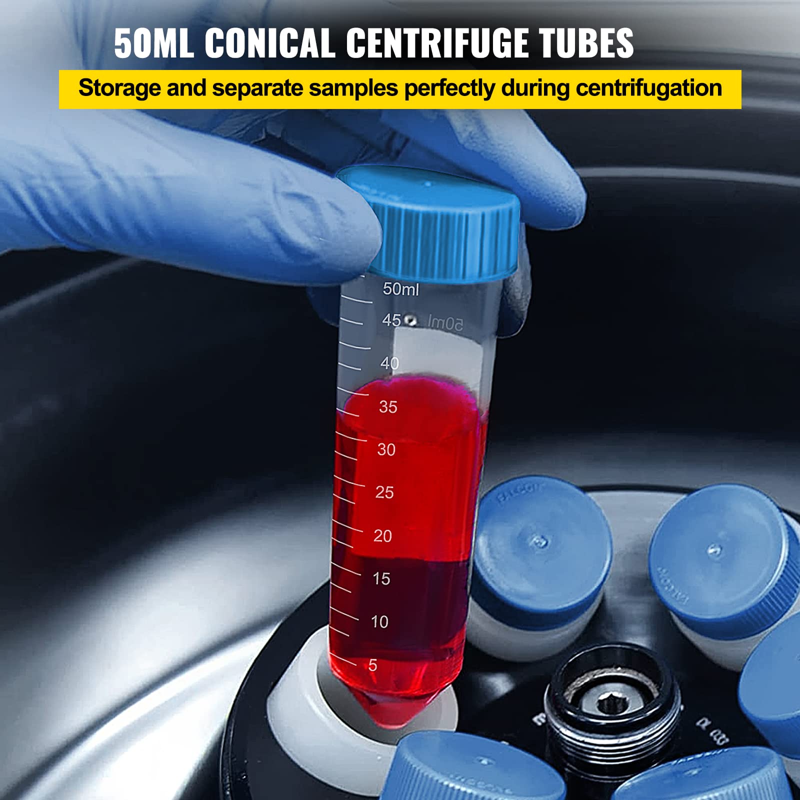 VEVOR Conical Centrifuge Tubes, 50mL, 500Pcs PP EO Sterilized Graduated Container w/Leak-Proof Screw Cap, Write Mark & Test Tube Rack, DN/RNase Free, for Sample Storage & Separate, Blue & Orange