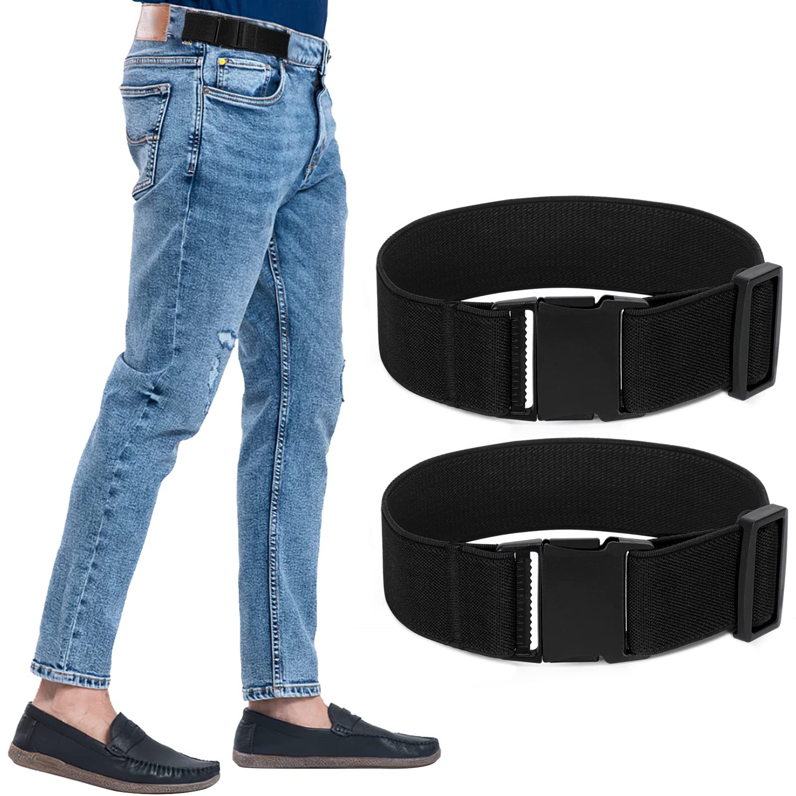 WERFORU 2 Pack Men 2 Loop No Show Elastic Invisible Belt for Women Jeans Pants Unisex Stretch Belt with Metal Free Flat Buckle,Fits 1.5 Inch Belt Loops, Black+Black,Fits 2 loop distance 3"-6"
