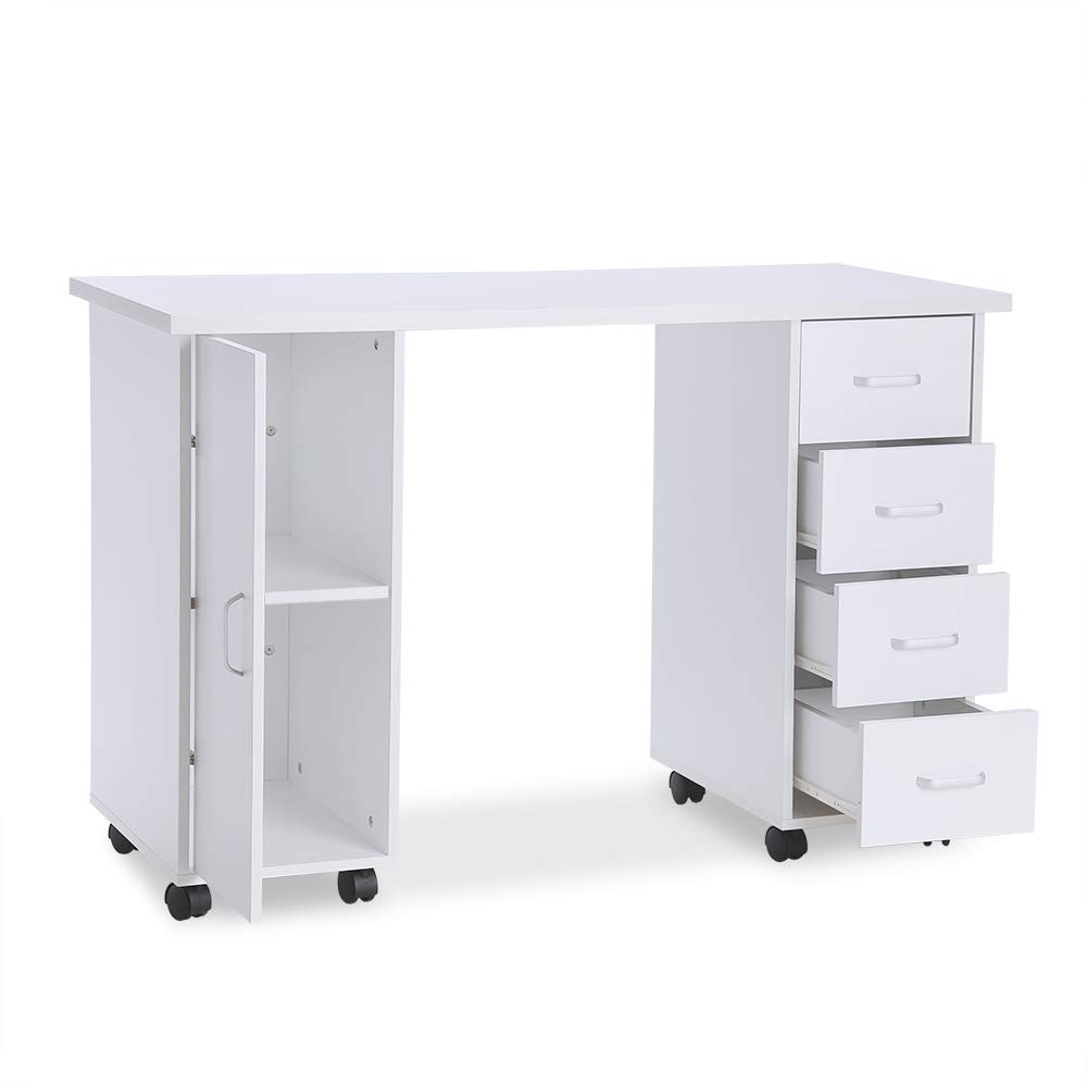 Paddie Nail Table, Manicure Table Nail Desk Station Professional Portable with Wheels for Technician Beauty Salon Art Spa Office, Double Side, White