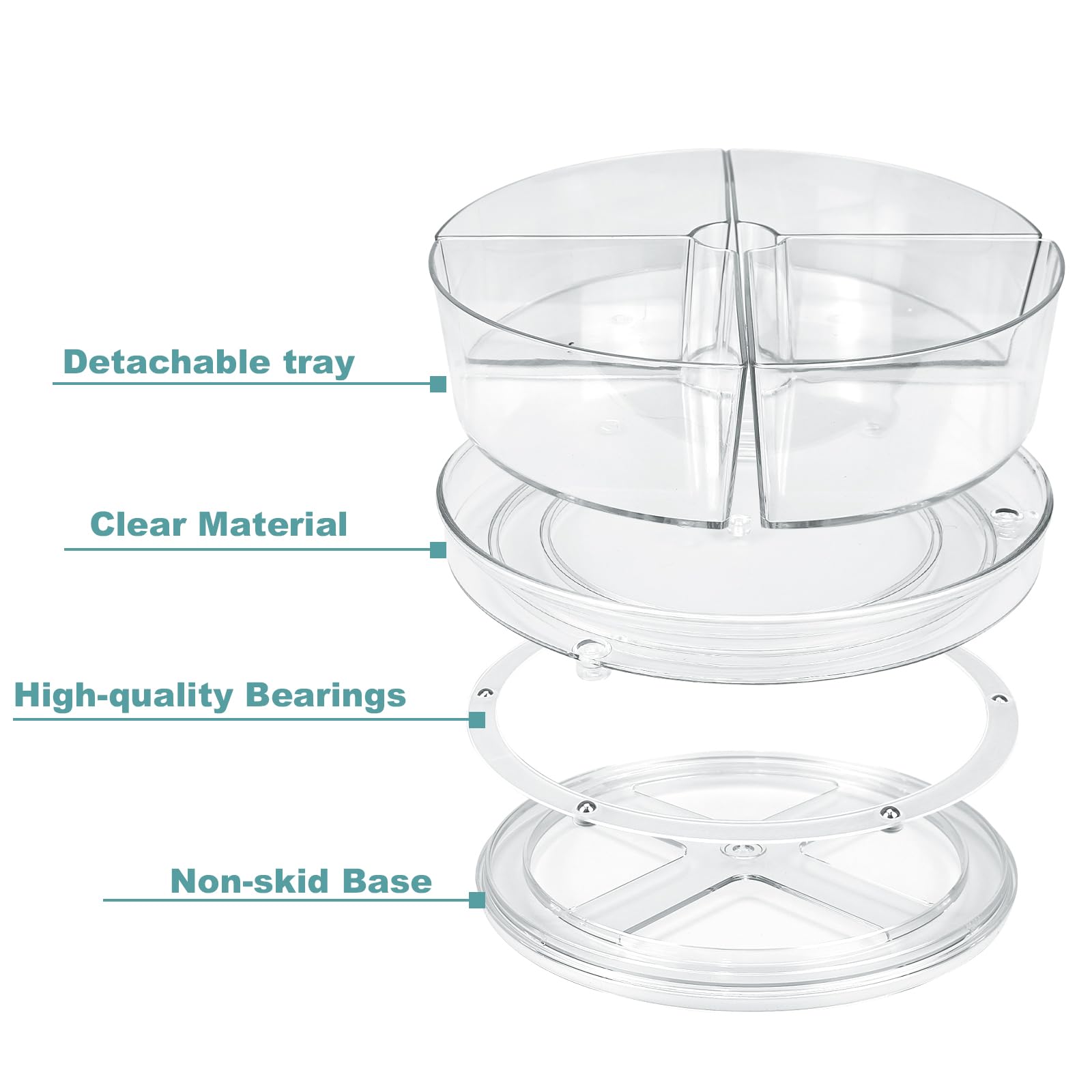 POUYRBA Lazy Susan Organizer with 4 Removable Storage Bins, 9.25Inch Round Plastic Clear Food Storage Container Fruit Snack Spice Can Cosmetics Turntable for Refrigerator Cabinet Pantry Kitchen