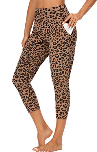 Oalka Womens Capri Joggers High Waist Pockets Running Sweatpants Jogger Pants Khaki Leopard Print Large