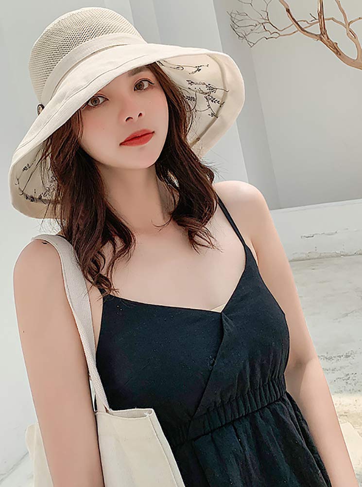 Summer Mesh Sun Hats for Women Lightweight Beach Hat Floral UPF50+ Packable Wide Brim Bucket Hat with Chin Strap Beige