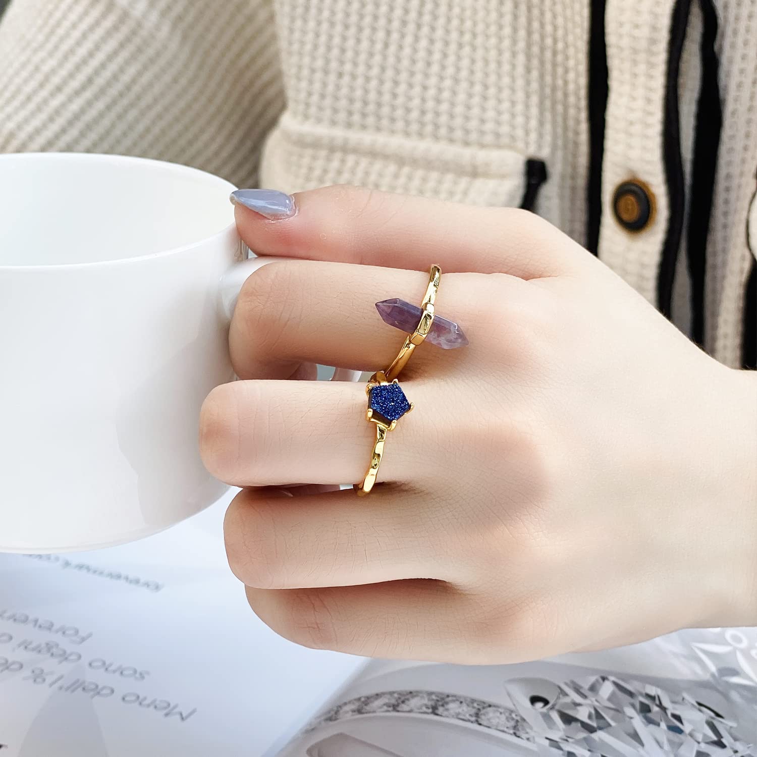 VIENNOIS 2 PCS Amethyst Natural Healing Crystal Ring for Women,Adjustable Open Healing Stones Gemstone Birthstone Jewelry Rings For Develop Intelligence Enhance Memory