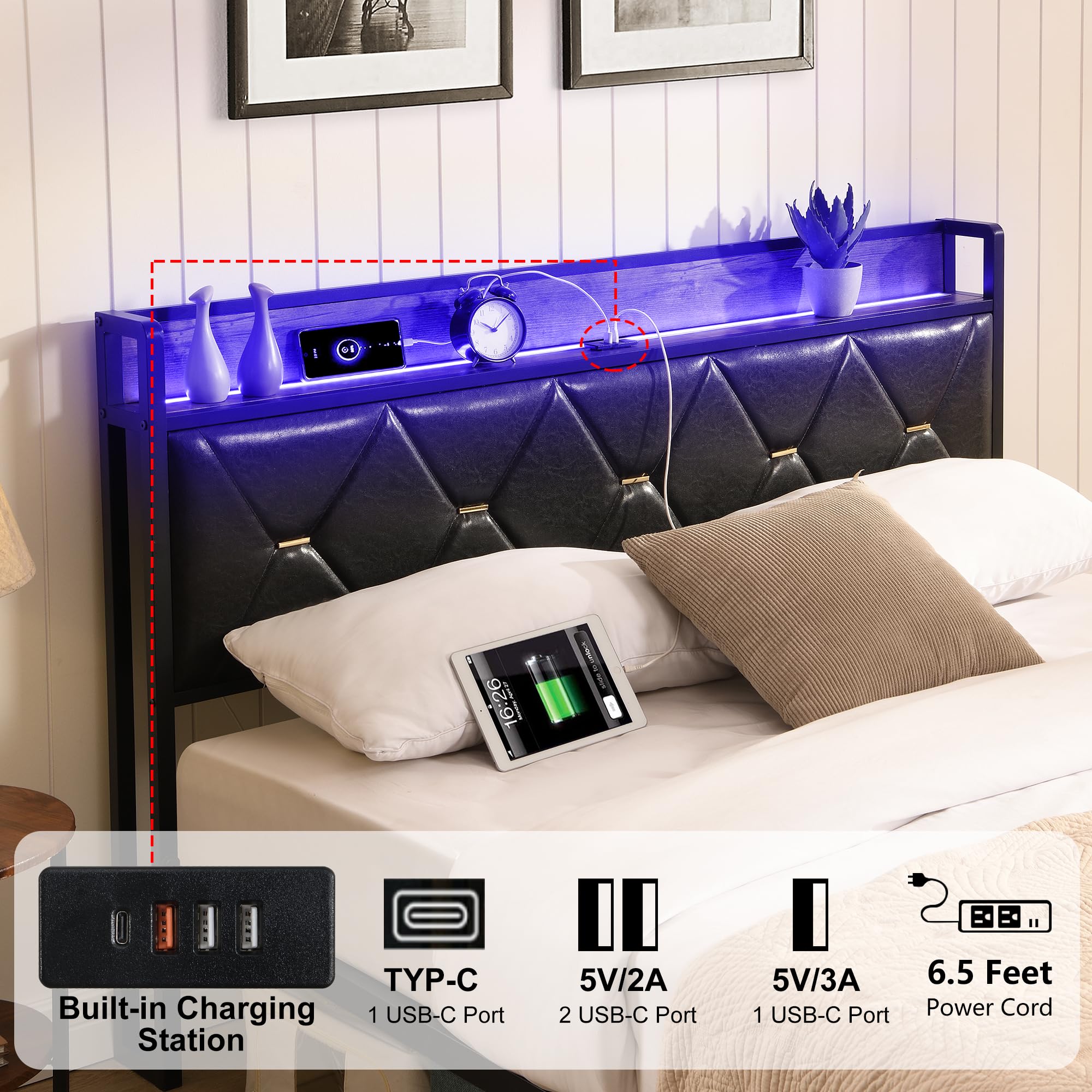 Nicxxtar Queen Size Platform Bed Frame with Headboard Storage Drawer and USB Charging Ports, Black Queen Bed Frame