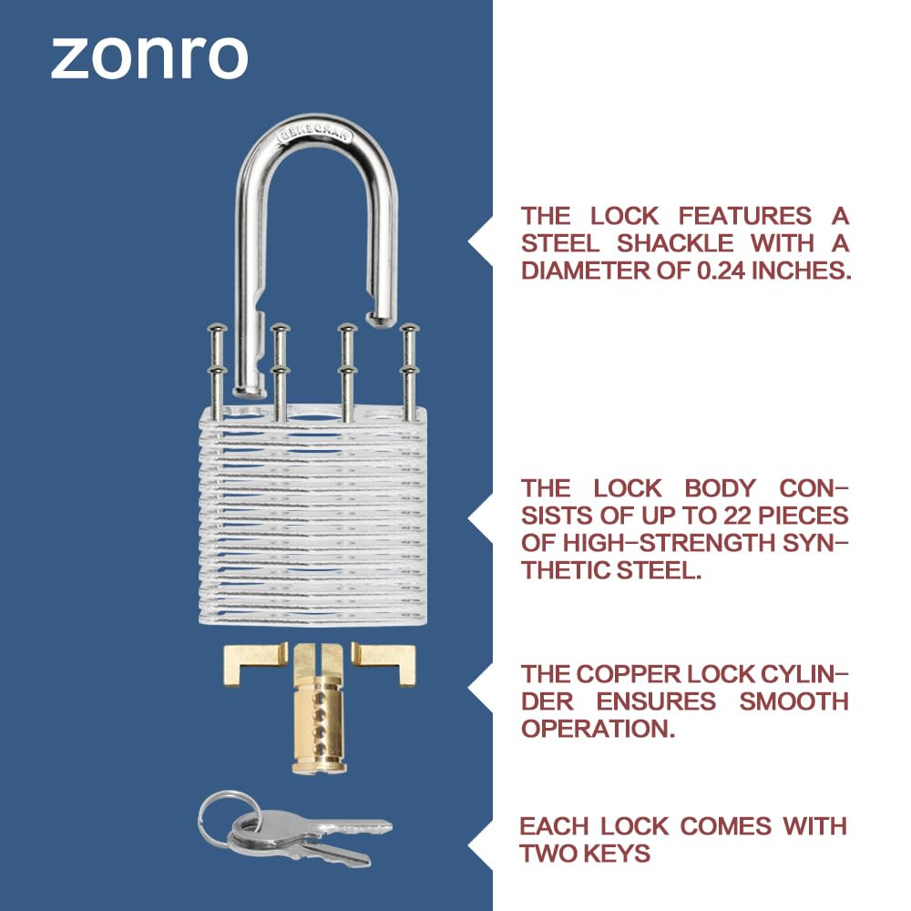 ZonRo Locks Laminated Steel Keyed Padlocks Keyed Alike Locks, Long Shackle Padlocks, for Hasp Latch, Sheds, Fences, Storage Locker, School, Gym,Pack of 6