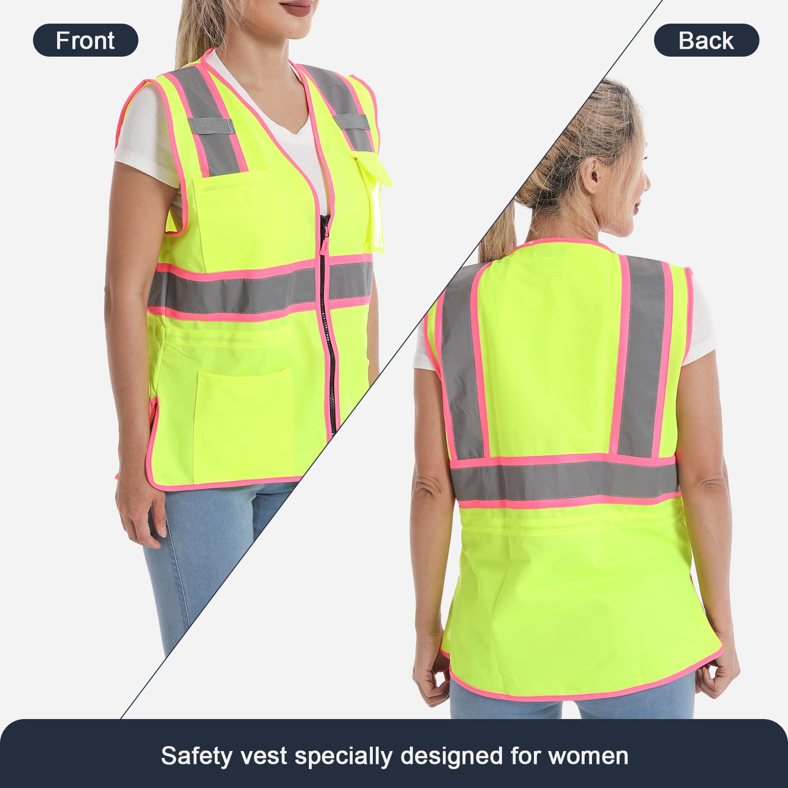 SKSAFETY Safety Vest For Women, Class 2 High Visibility Security Drawstring waist Vest with Zipper, Hi Vis Vest with Reflective Strips, ANSI/ISEA Standard, Construction Work Vest(Lime/S)