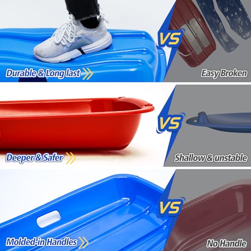 Snow Sled - 2 Pack Classic Sleds for Kids and Adults Flexible Toboggan with Handles Pull Rope Utility Plastic Sled for Winter Ski Sledding Sand Slider Downhill Outdoor - Blue, Red, 36"