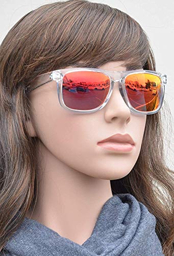 PZ Clear Frame Polarized Square Sunglasses Women Men - UV Protection Color Mirror Lens - Retro (3 Pack Transparent + Blue, Green, Red)